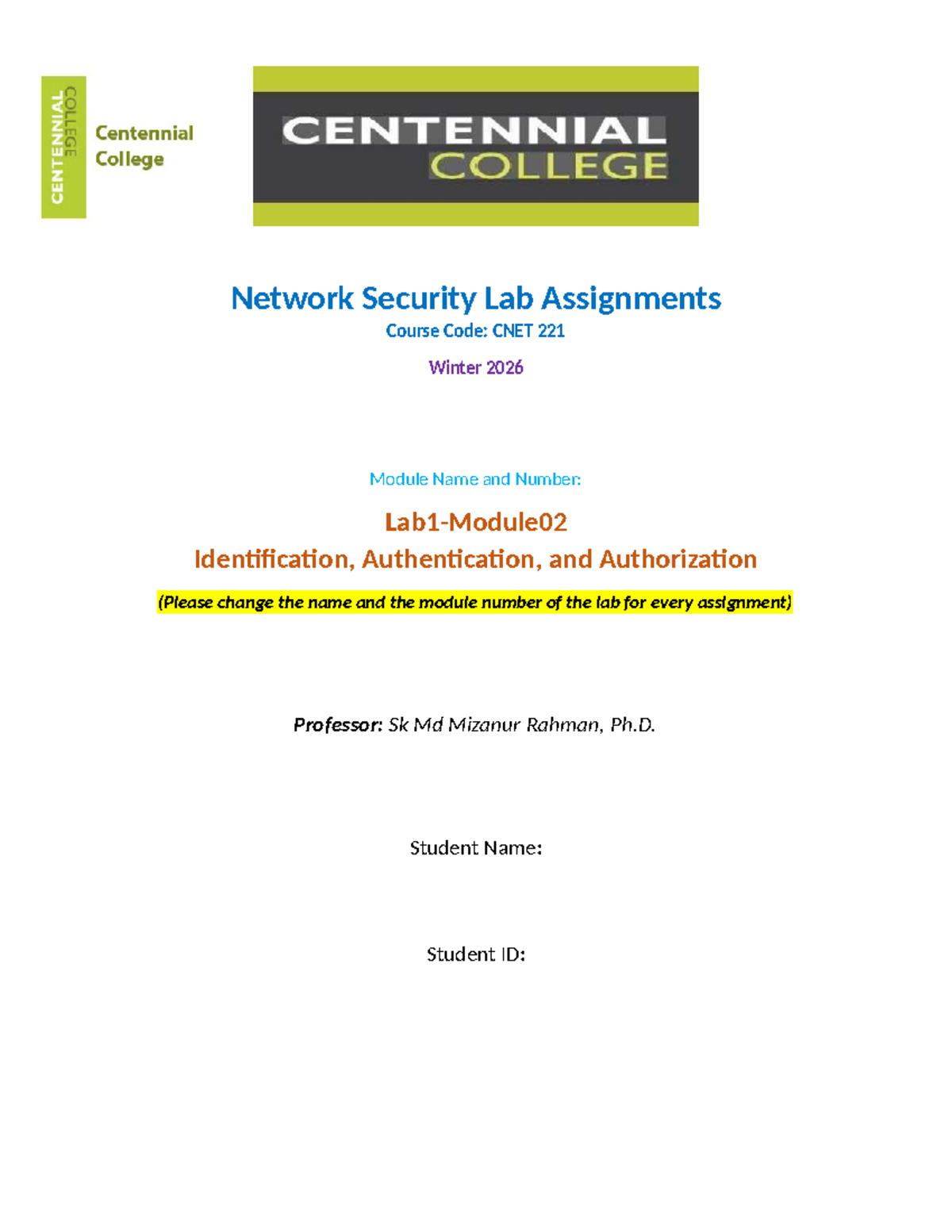Network Security Lab Assignments Template - CNET 221 Winter 2026 - Studocu