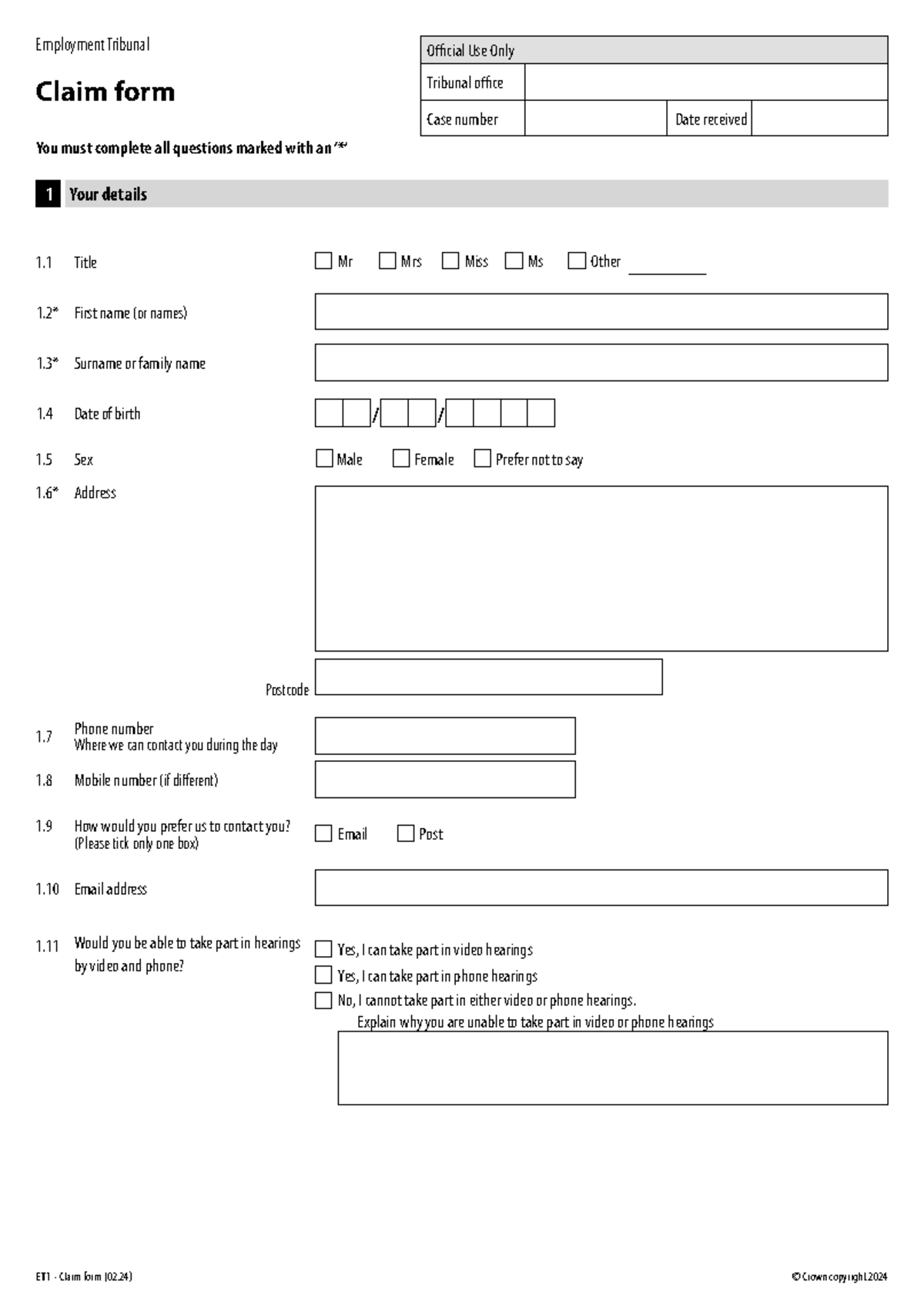 ET1 0224 - Employment Tribunal Claim Form Instructions and Details ...