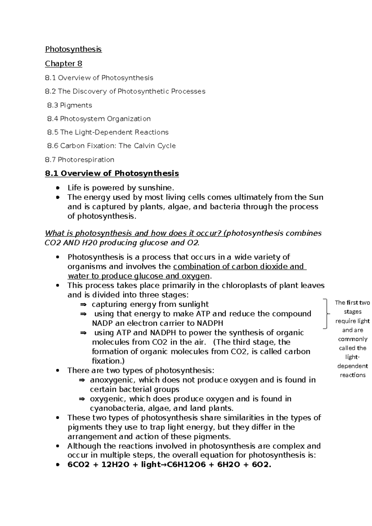 Molecular Cell Biology Study Unit 8: Photosynthesis Summary Notes - Studocu