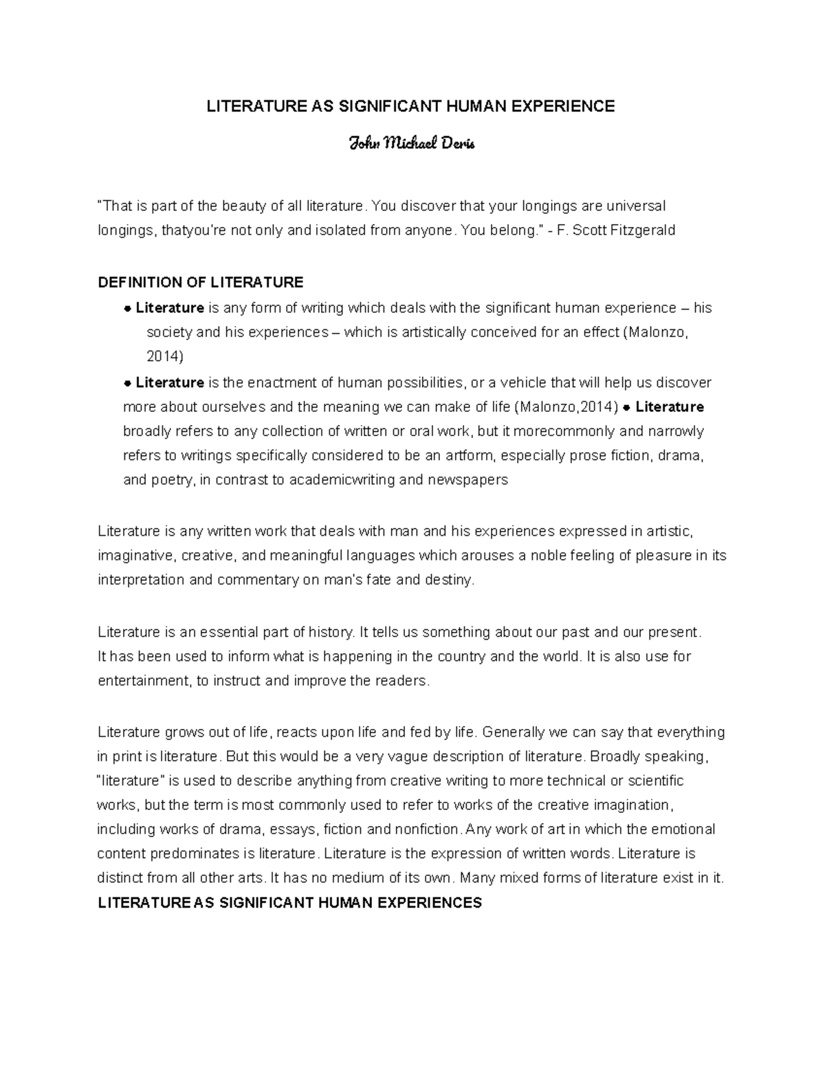 Significance of Literature in Human Experience: A Study Guide - Studocu