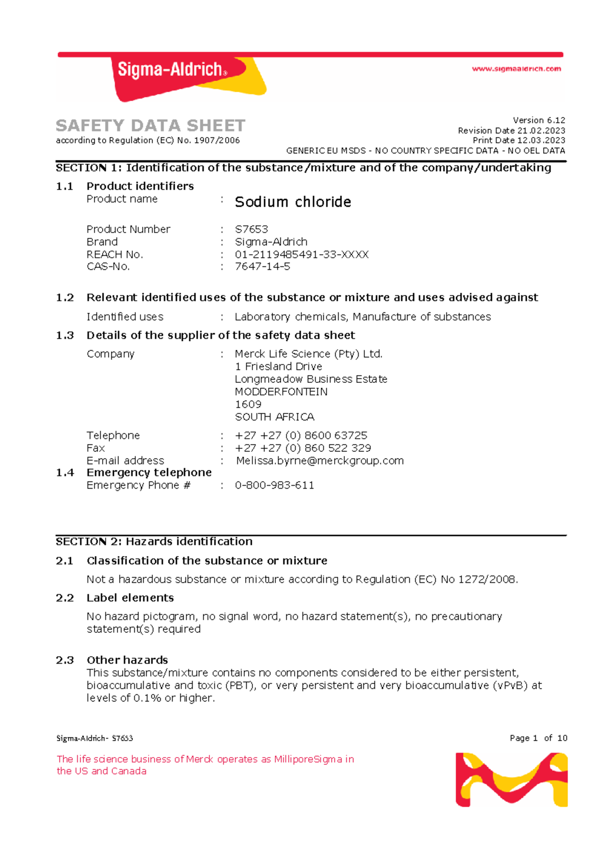 S7653 Sodium Chloride Safety Data Sheet (MSDS) - Version 6.12 - Studocu