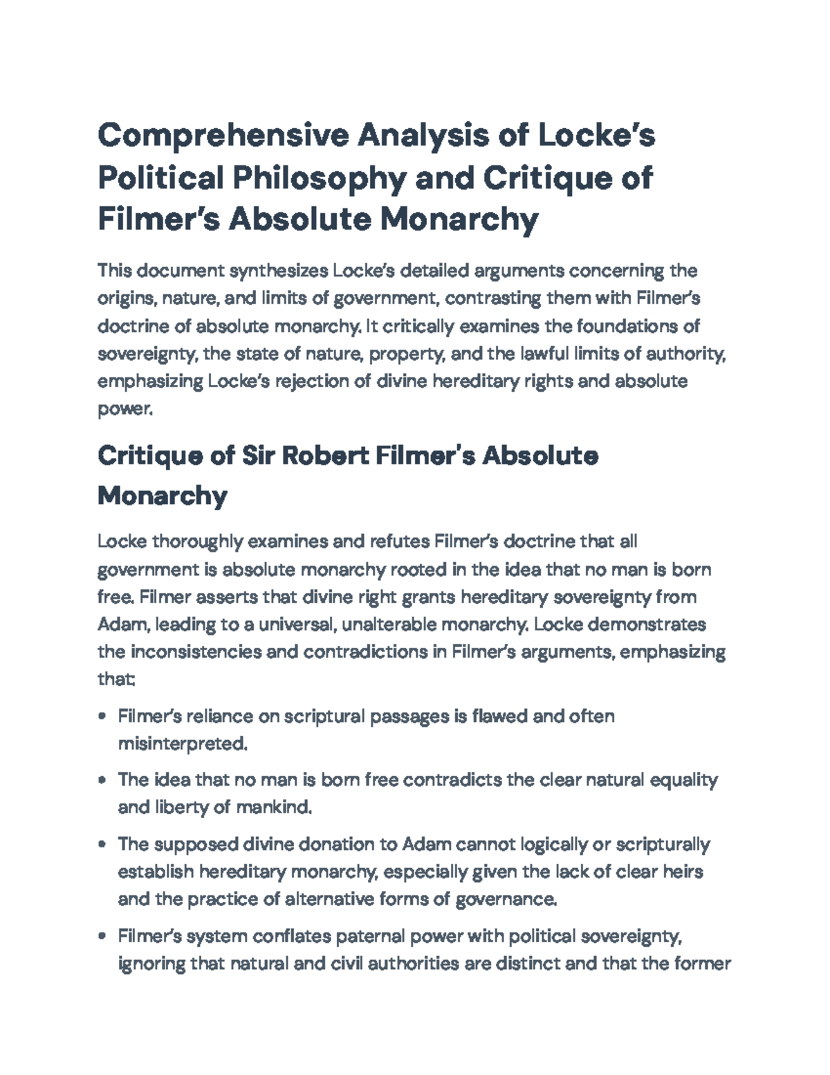 Comprehensive Analysis of Locke's Political Philosophy vs. Filmer's ...
