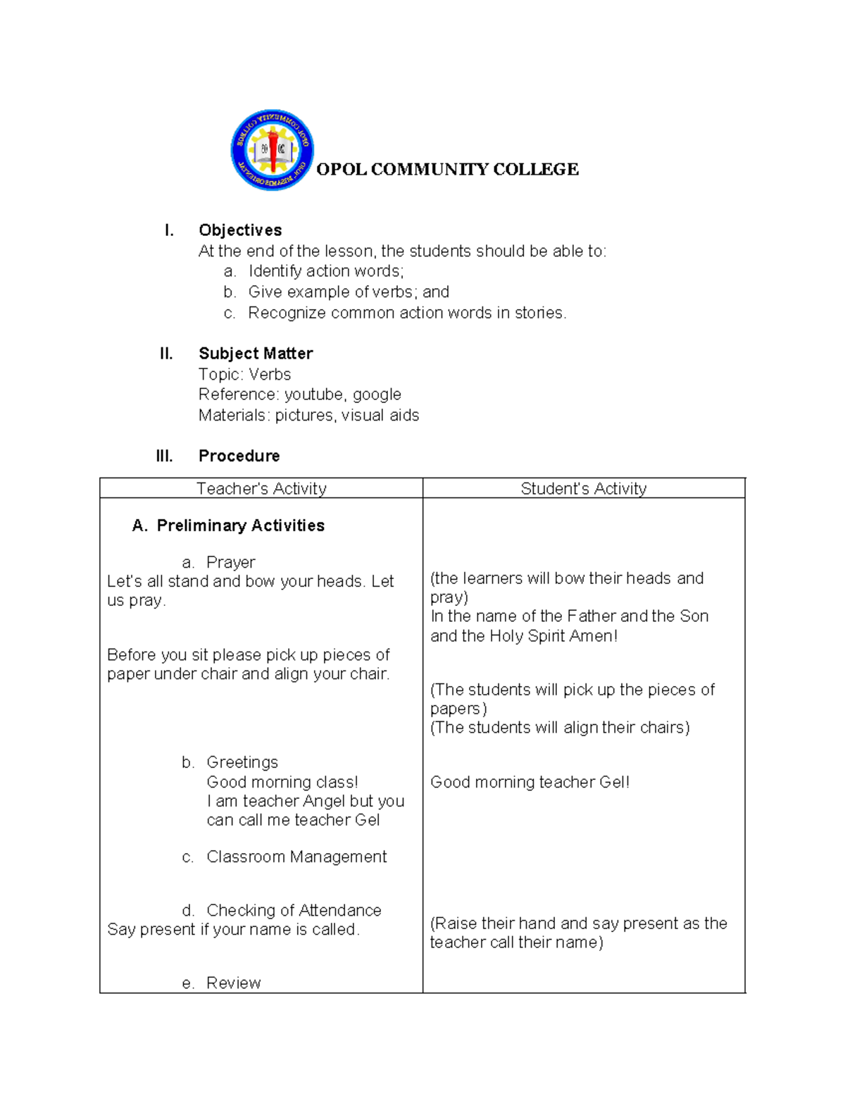 Detailed Lesson Plan on Verbs for OPOL Community College - Studocu