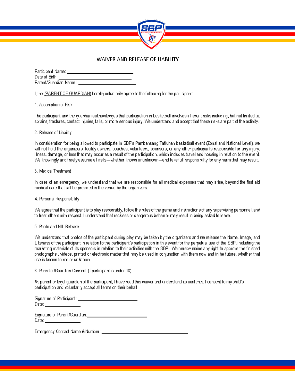 SBP 3X3 Parents Consent and Waiver of Liability Form - Studocu