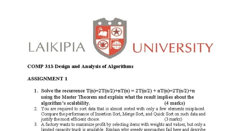 COMP 313 - Analysis of Algorithms Assignment 1: Recurrences & Sorting ...