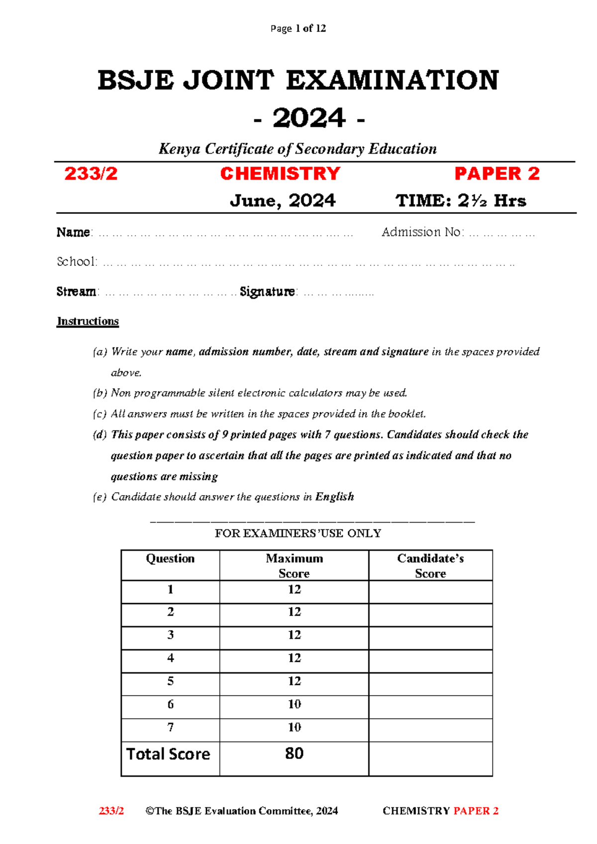 CHEM PP2 QN - Class work - BSJE JOINT EXAMINATION - 2024 - Kenya ...