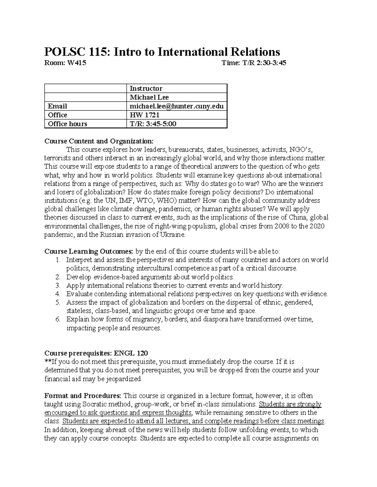 POLSC 115: Syllabus for Intro to International Relations Course - Studocu