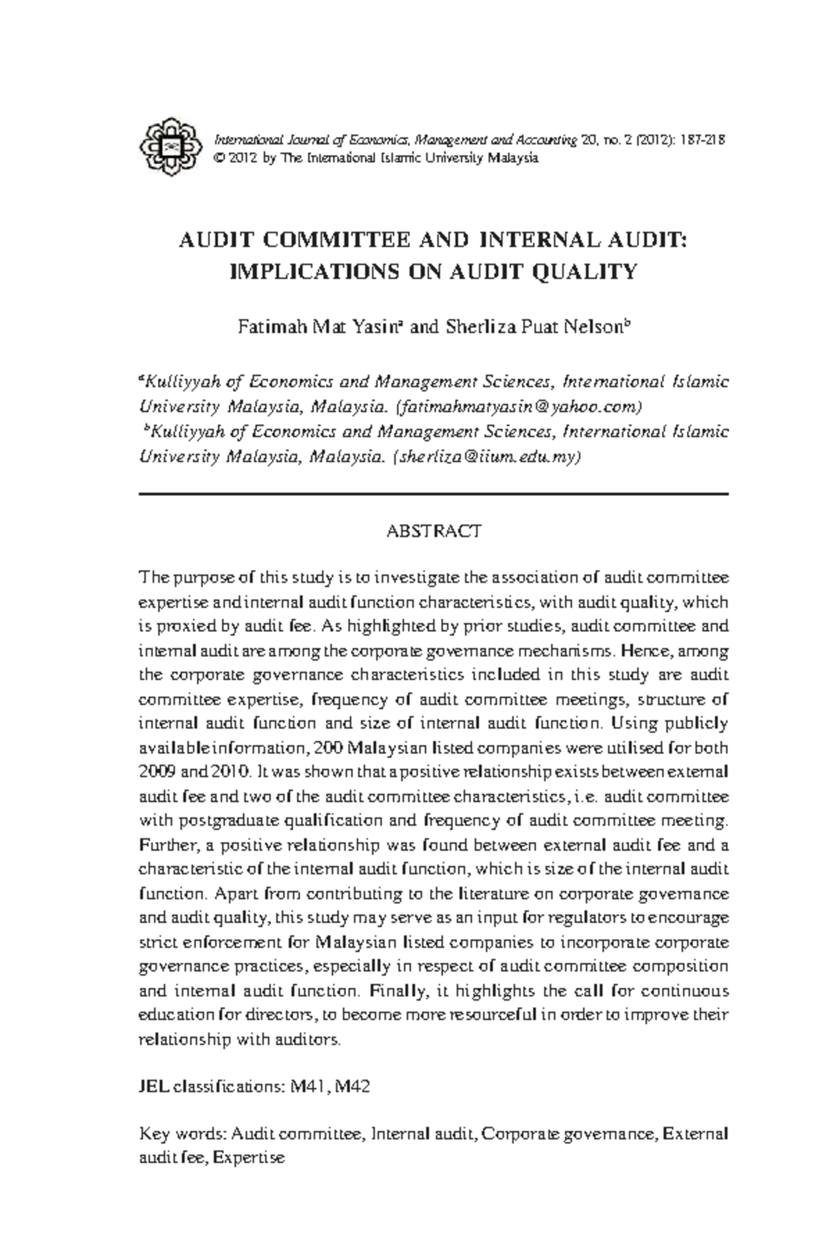 Audit Committee and Internal Audit: Impacts on Audit Quality (ECO 2012 ...