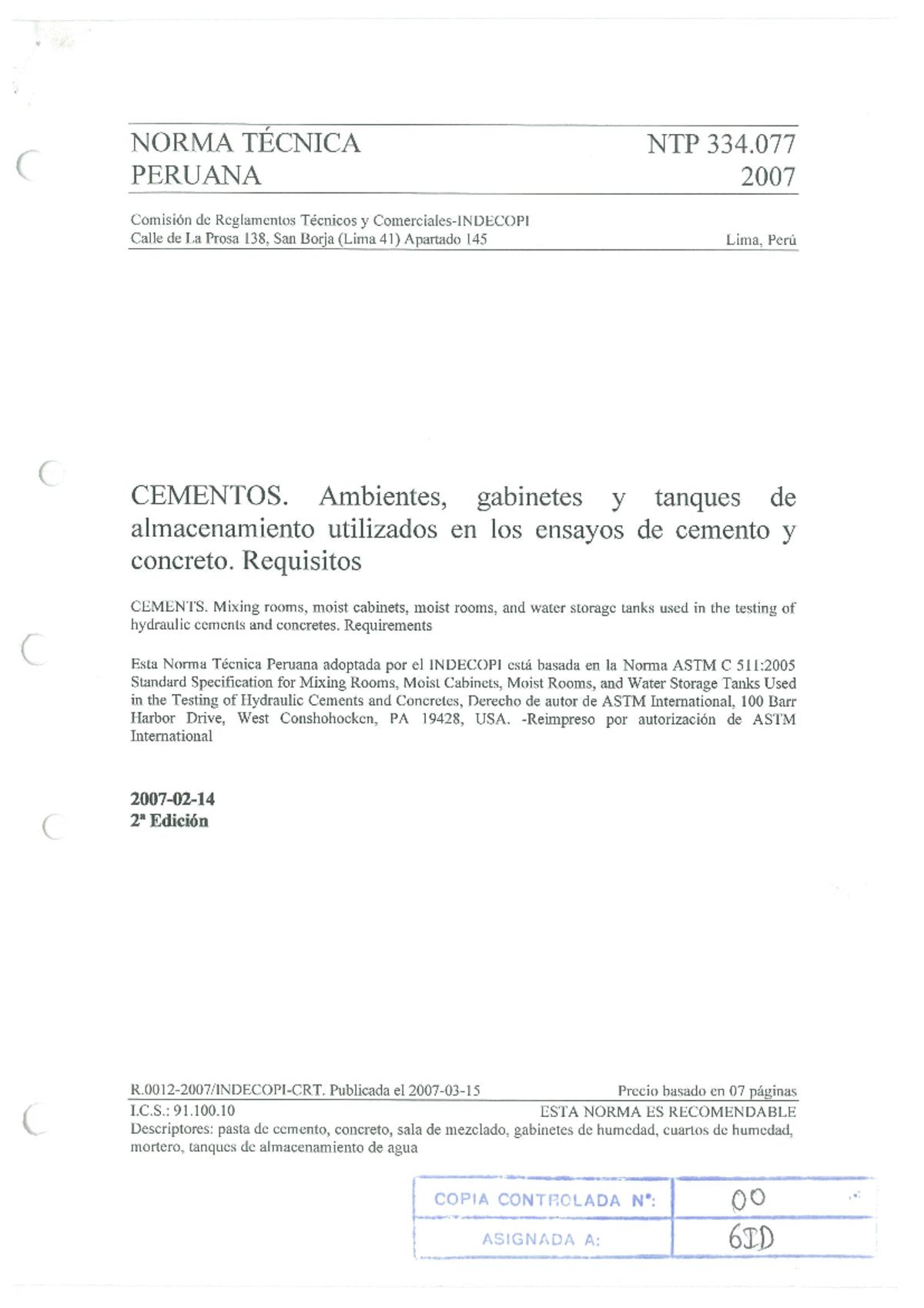 Norma Técnica NTP 334.077: Requisitos para Ambientes de Ensayo de ...