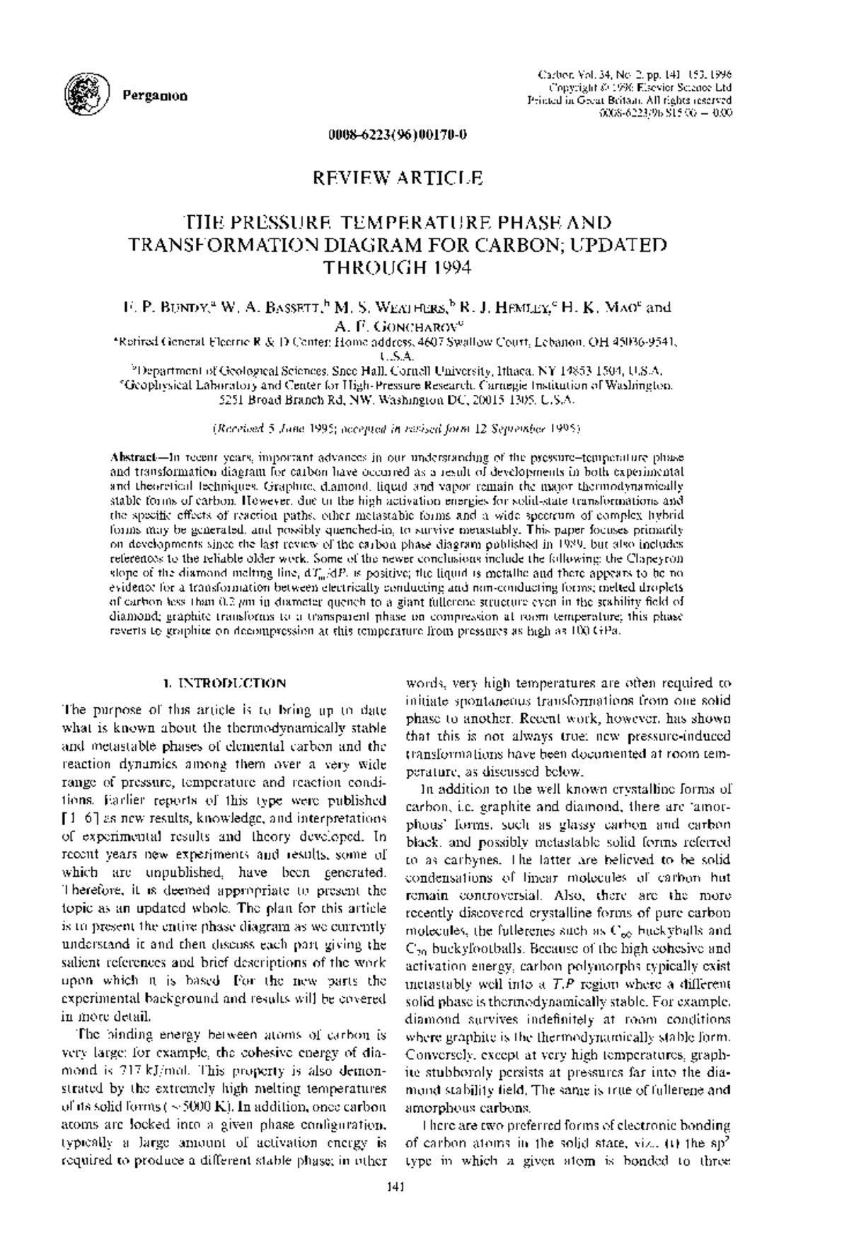 The p-T Phase and Transformation Diagram for Carbon: A Comprehensive ...