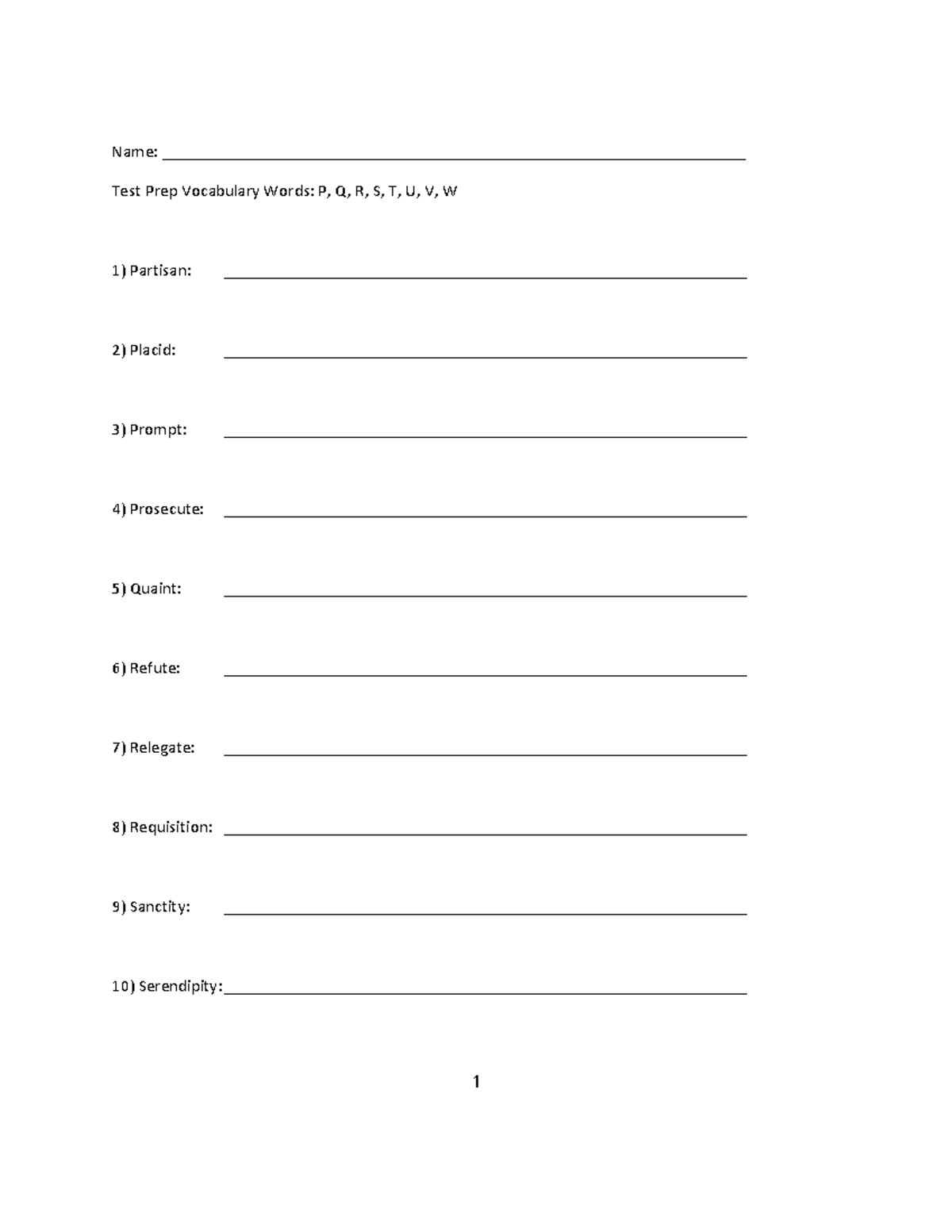SAT Vocab P, Q, R, S, T, U, V, W Blank Test - Name: - Studocu