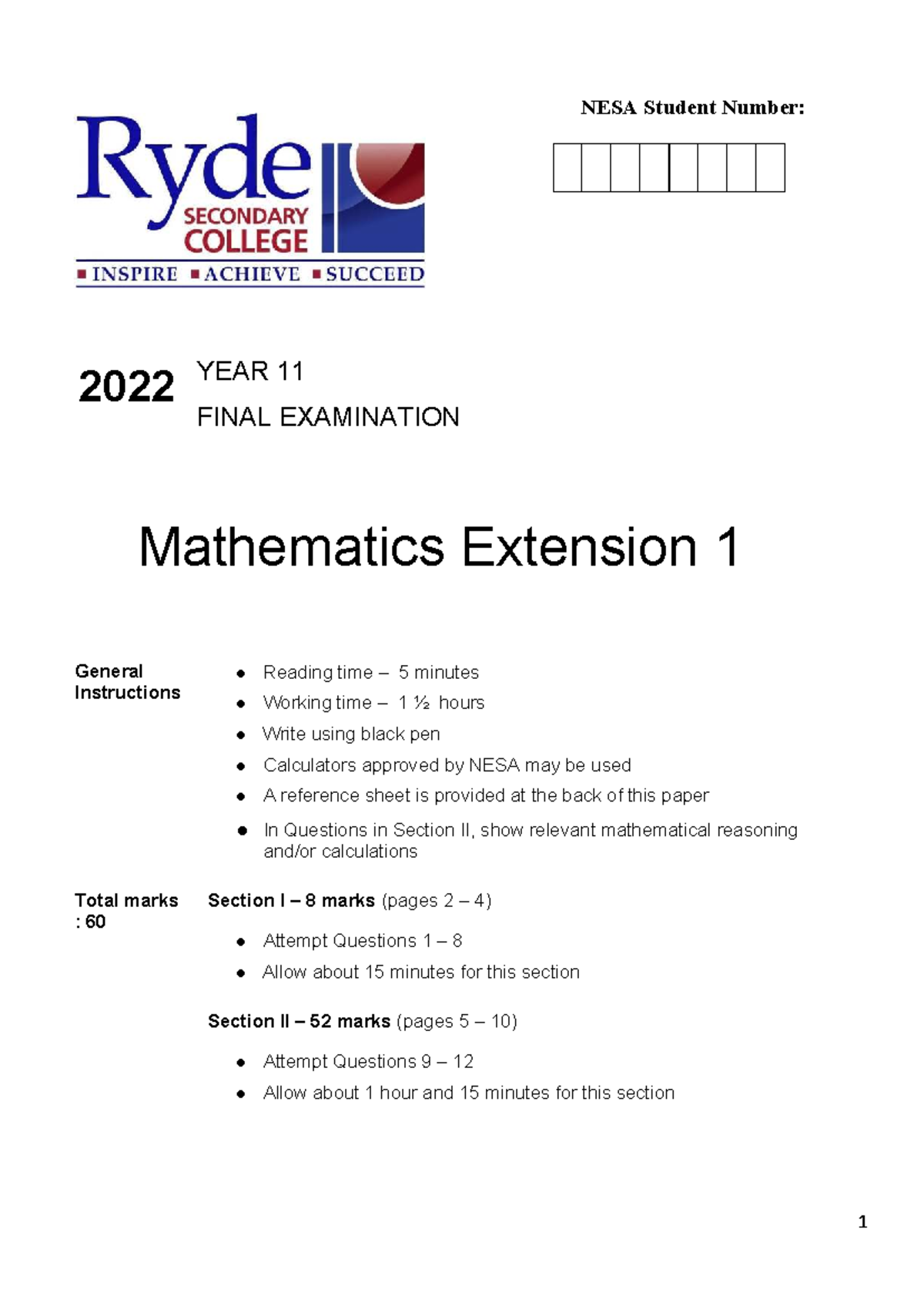 RSC 2022 Year 11 Final Exam Mathematics Extension 1 - Studocu