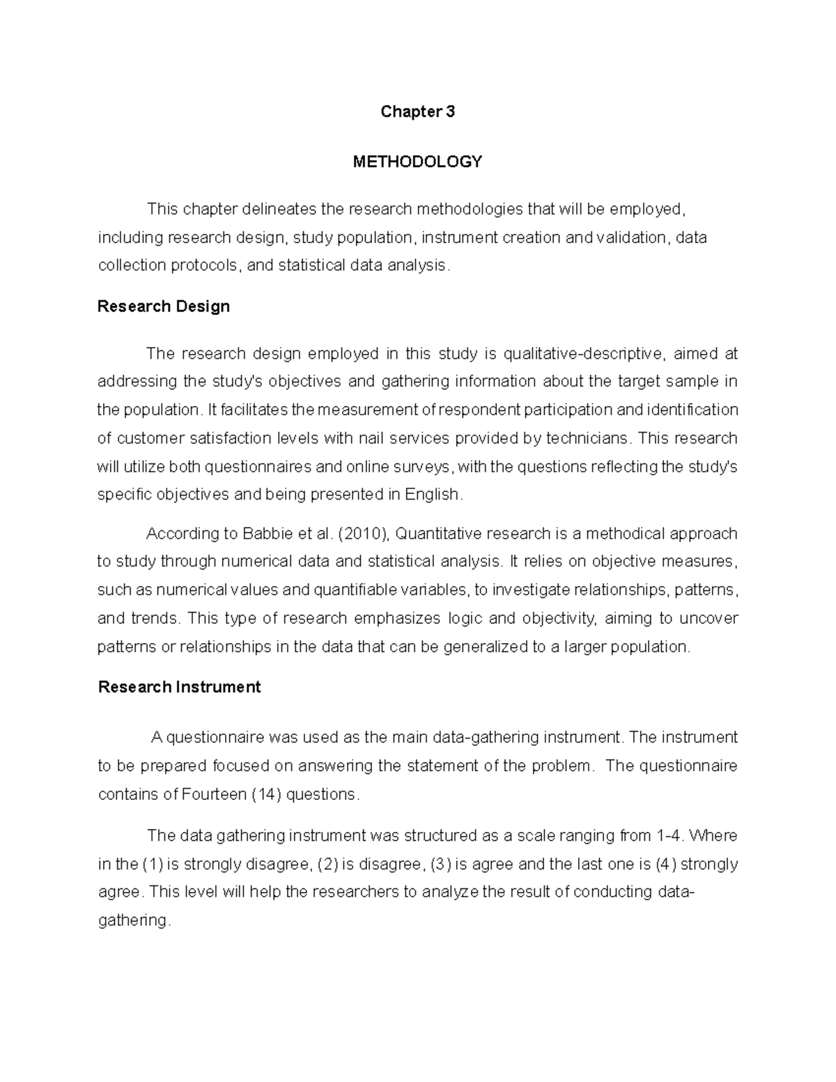 Research Design and Instrument for Methodology in Chapter 3 - Studocu