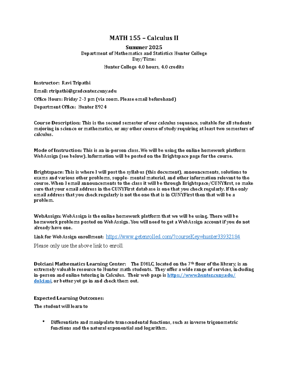 MATH 155 Calculus II Syllabus - Summer 2025 at Hunter College - Studocu
