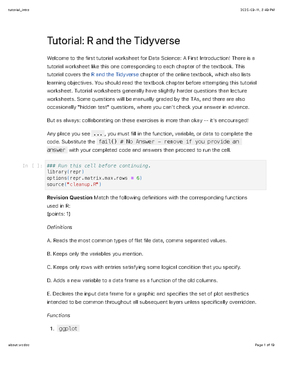 Data Science: A First Introduction - Tutorial on R & Tidyverse - Studocu