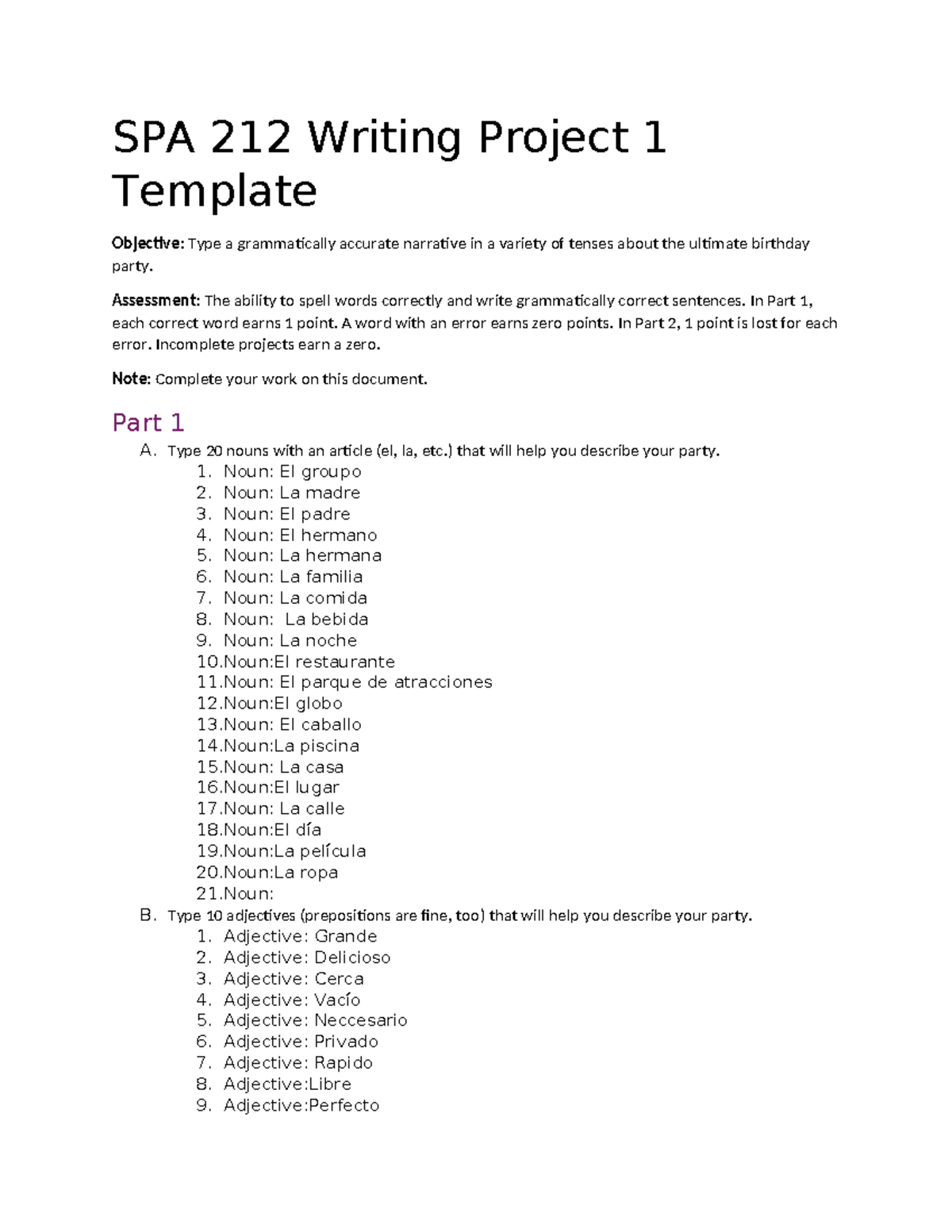 SPA 212 Writing Project 1: Birthday Party Narrative Template - Studocu