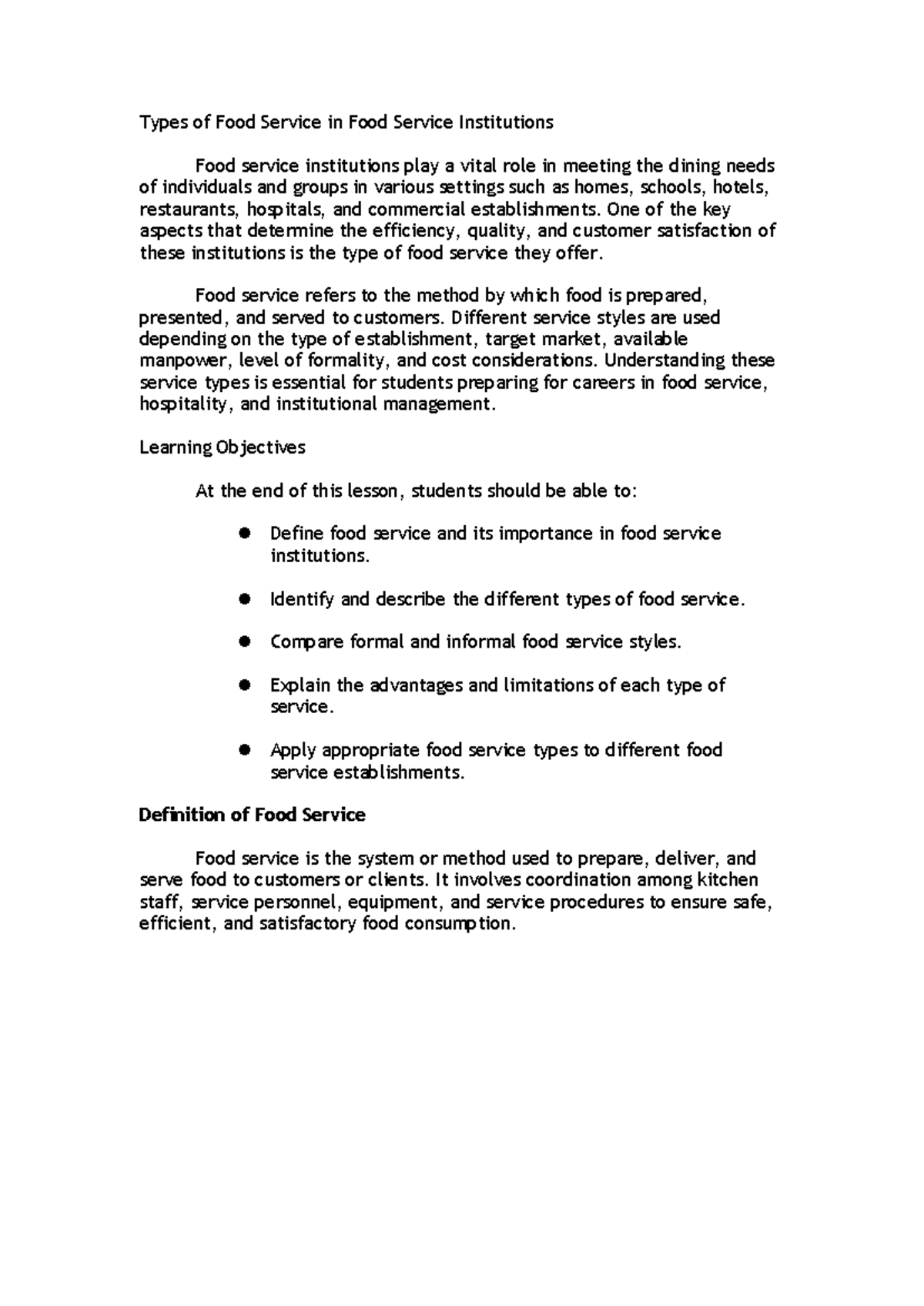 Types of Food Service in Institutions: A Comprehensive Overview - Studocu