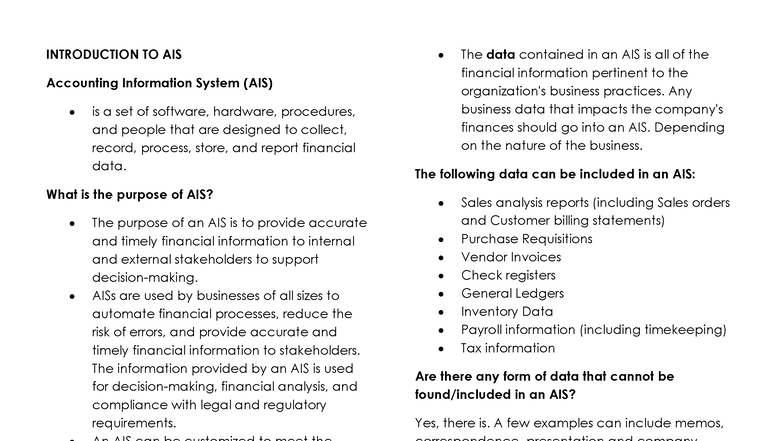 AIT-3-1: Overview of Accounting Information Systems (AIS) - Studocu