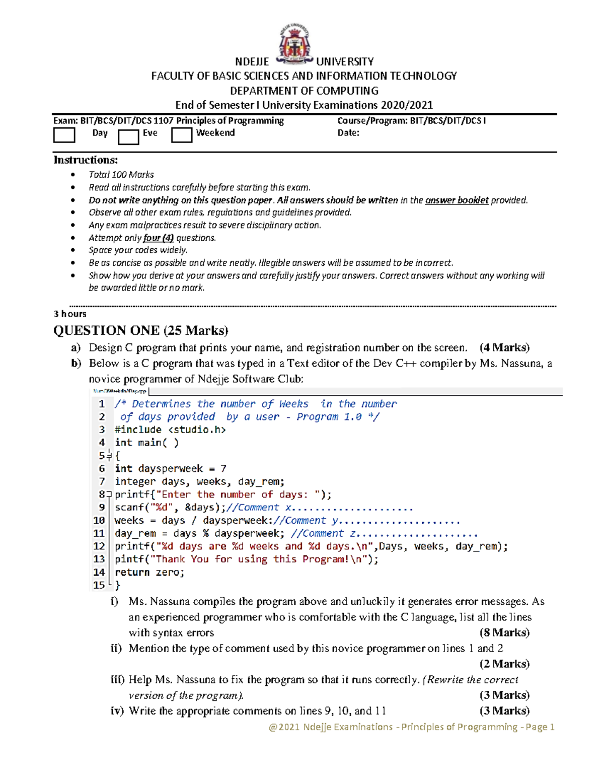 Principles of Programming - Exam 2021 - Final - NDEJJE UNIVERSITY ...