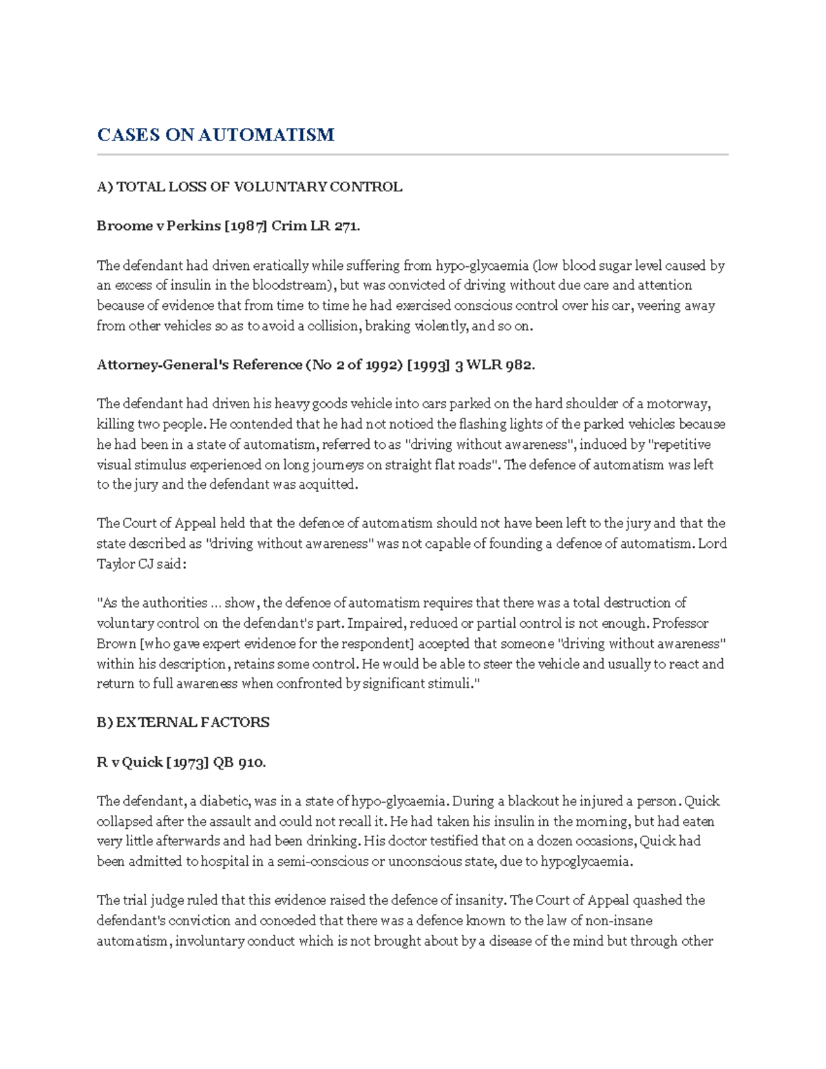 Cases on Automatism: Key Legal Precedents and Analysis - Studocu