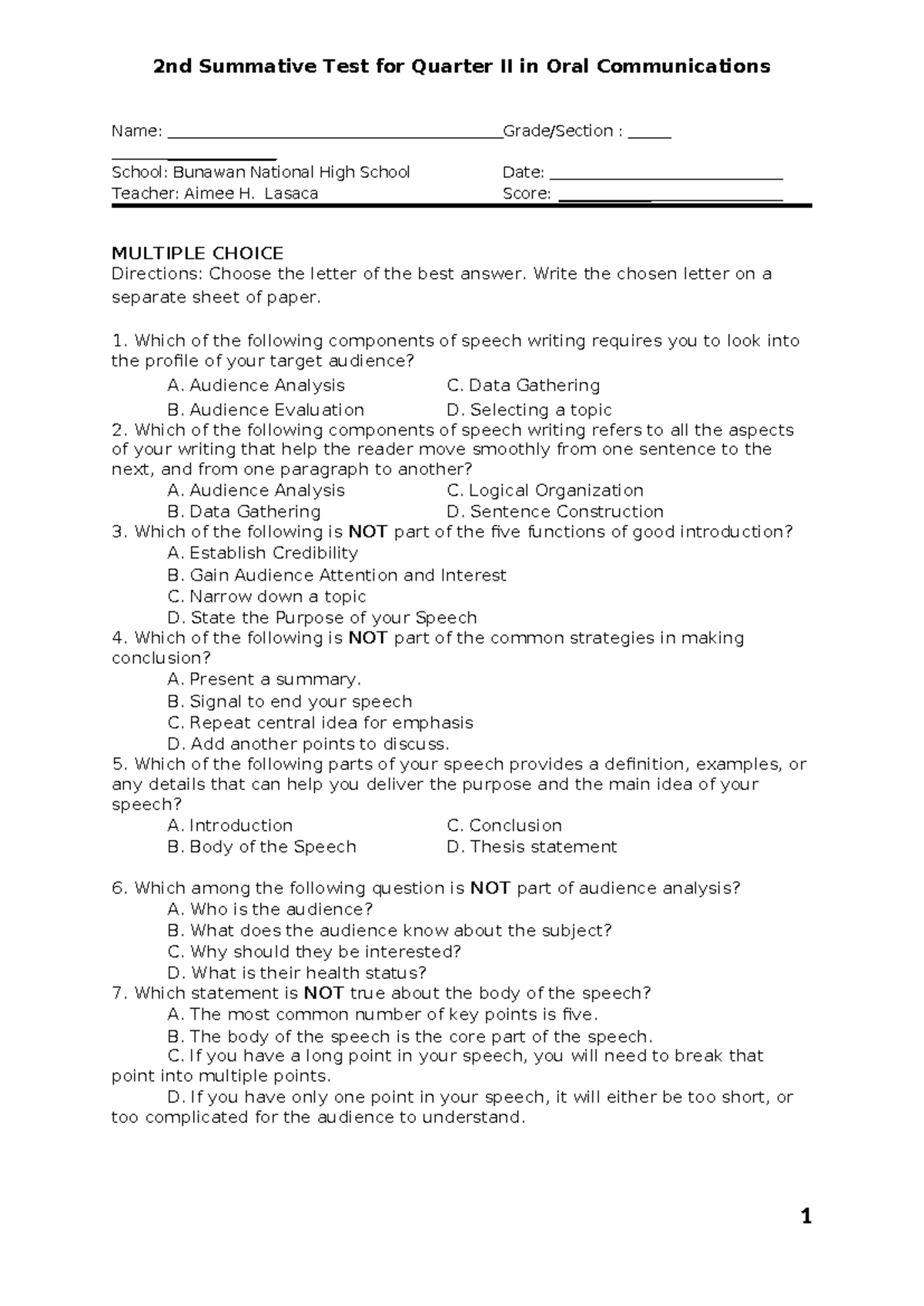 2nd Summative Test Q2: Oral Communications Multiple Choice Questions ...