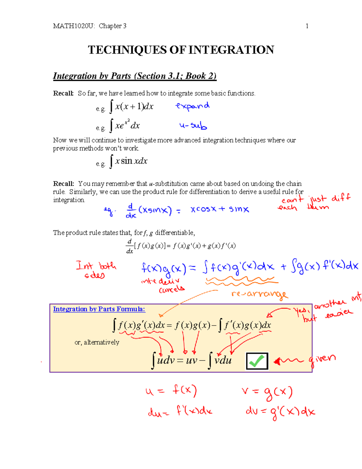 Mod1a intparts - notes for calculus - TECHNIQUES OF INTEGRATION ...