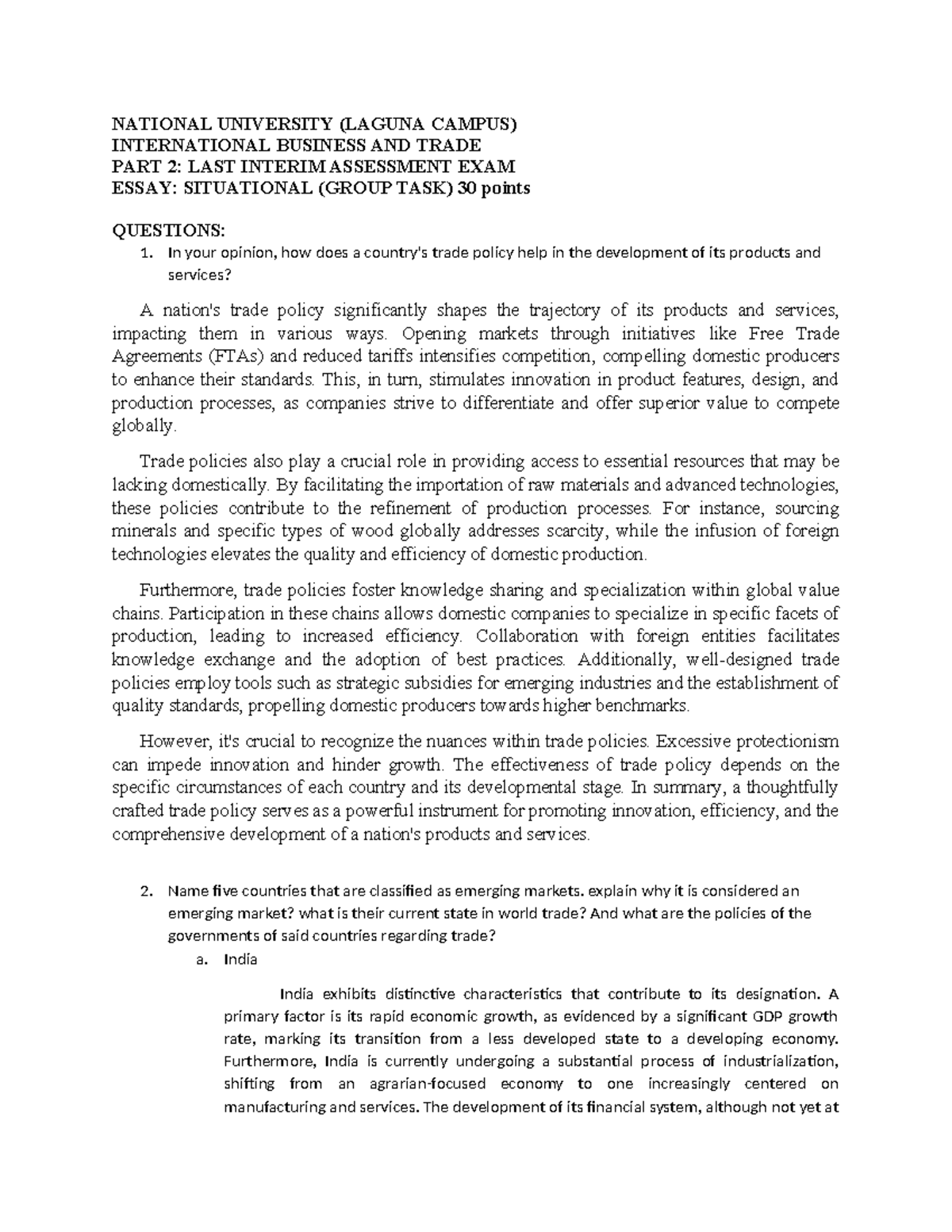 Last Interim Assessment Exam: International Trade Policies (Bainbusx ...