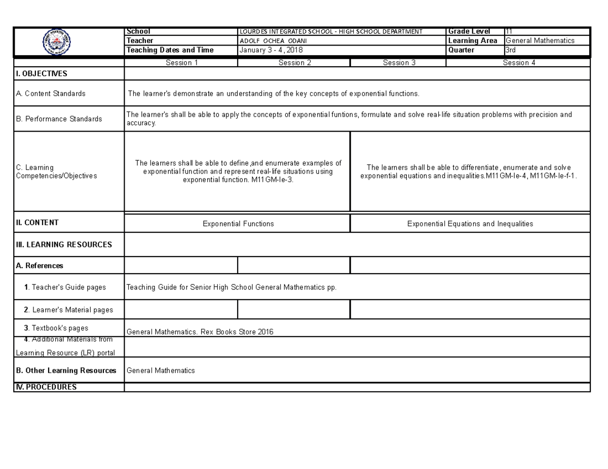 Gen math week 8 - Dll - School LOURDES INTEGRATED SCHOOL - HIGH SCHOOL ...