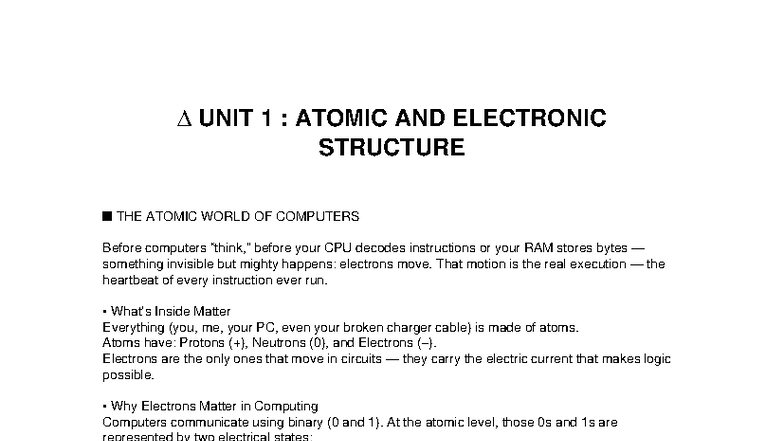 Unit 1: Atomic Level Computation in Electronics and Computing - Studocu
