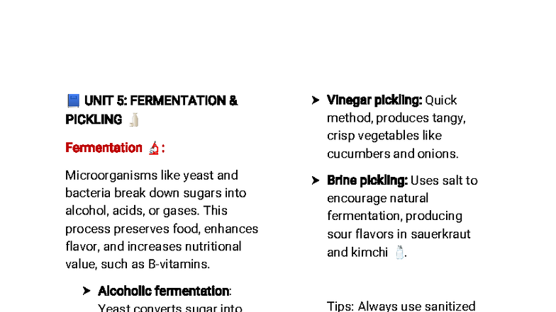 FSM 5 - Final Exam Review: Fermentation, Pickling, Curing, and Sugar ...