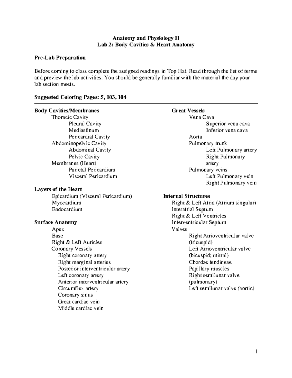 Lab 2 Packet Body Cavities and Heart Anatomy-1 - 1 Anatomy and ...
