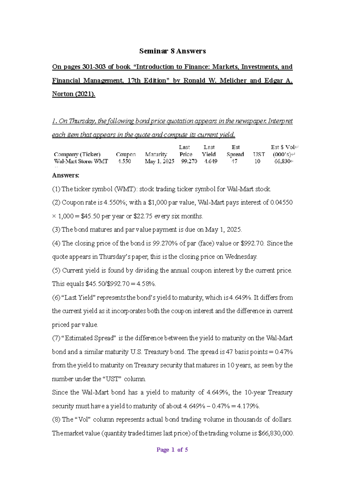 BUS149 Seminar 8: Bond Price Quotations and Current Yield Analysis ...