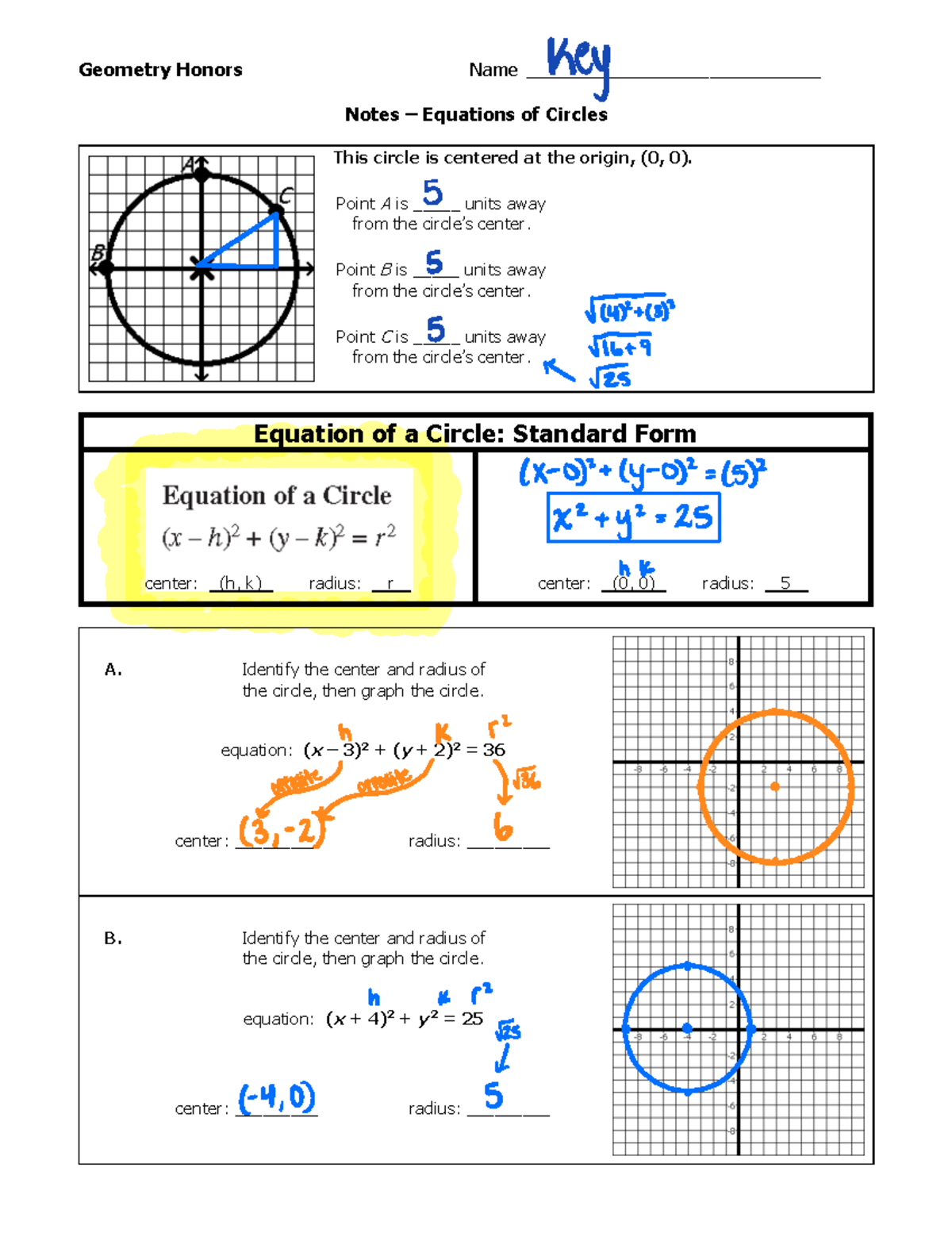 Geometry Honors: Notes on Equations of Circles (KEY) - Studocu