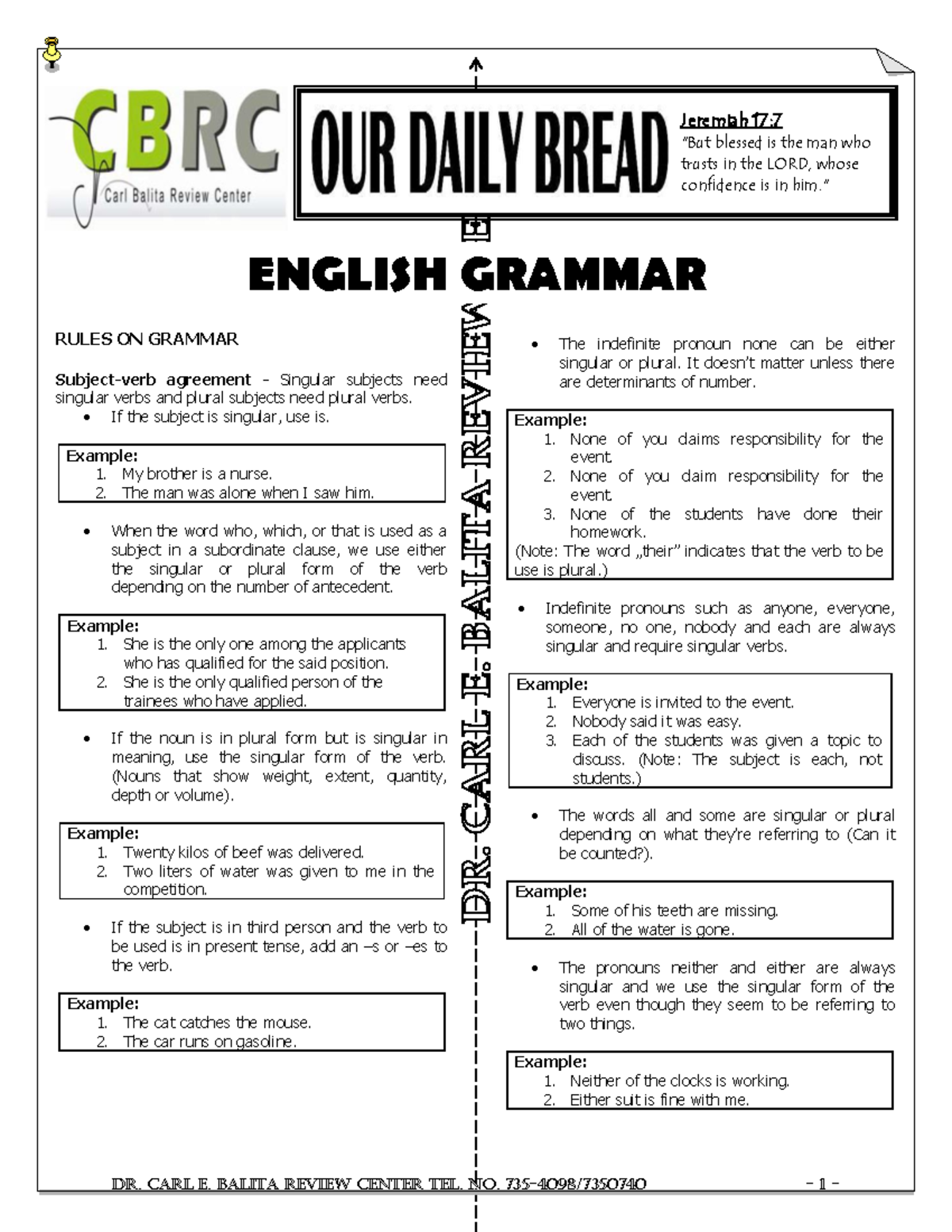 CBRC - English Grammar Rules: Subject-Verb Agreement Review - Studocu