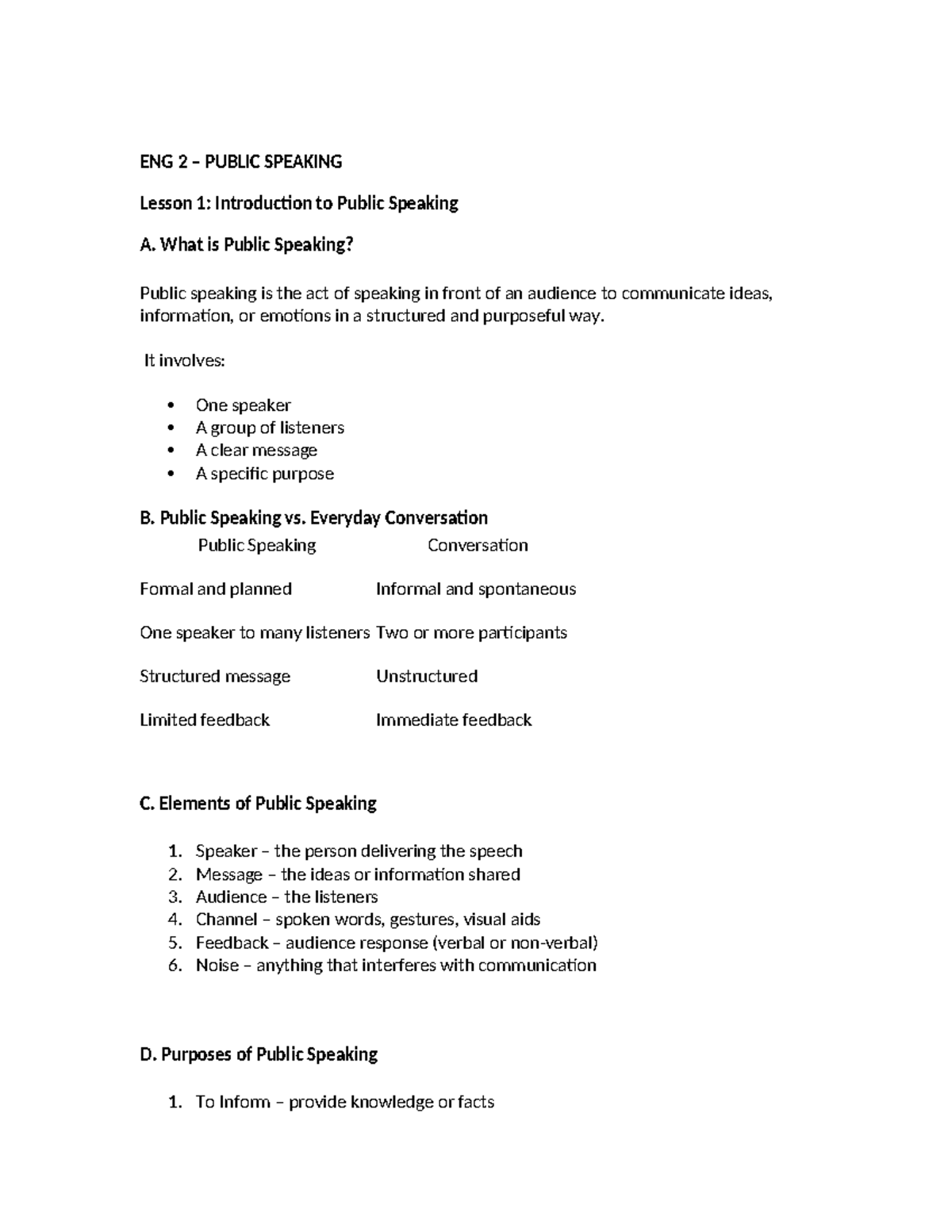 ENG 2 PUBLIC SPEAKING Lesson 1: Intro to Public Speaking Concepts - Studocu