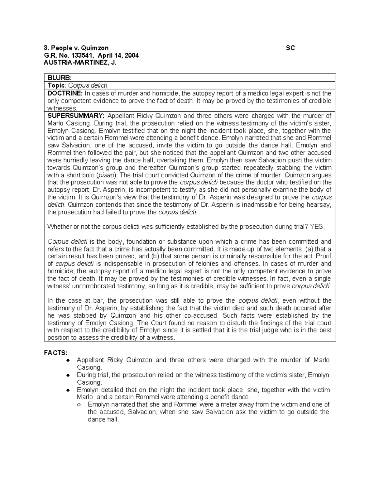 3. People v. Quimzon G.R. No. 133541: Corpus Delicti in Murder Case ...