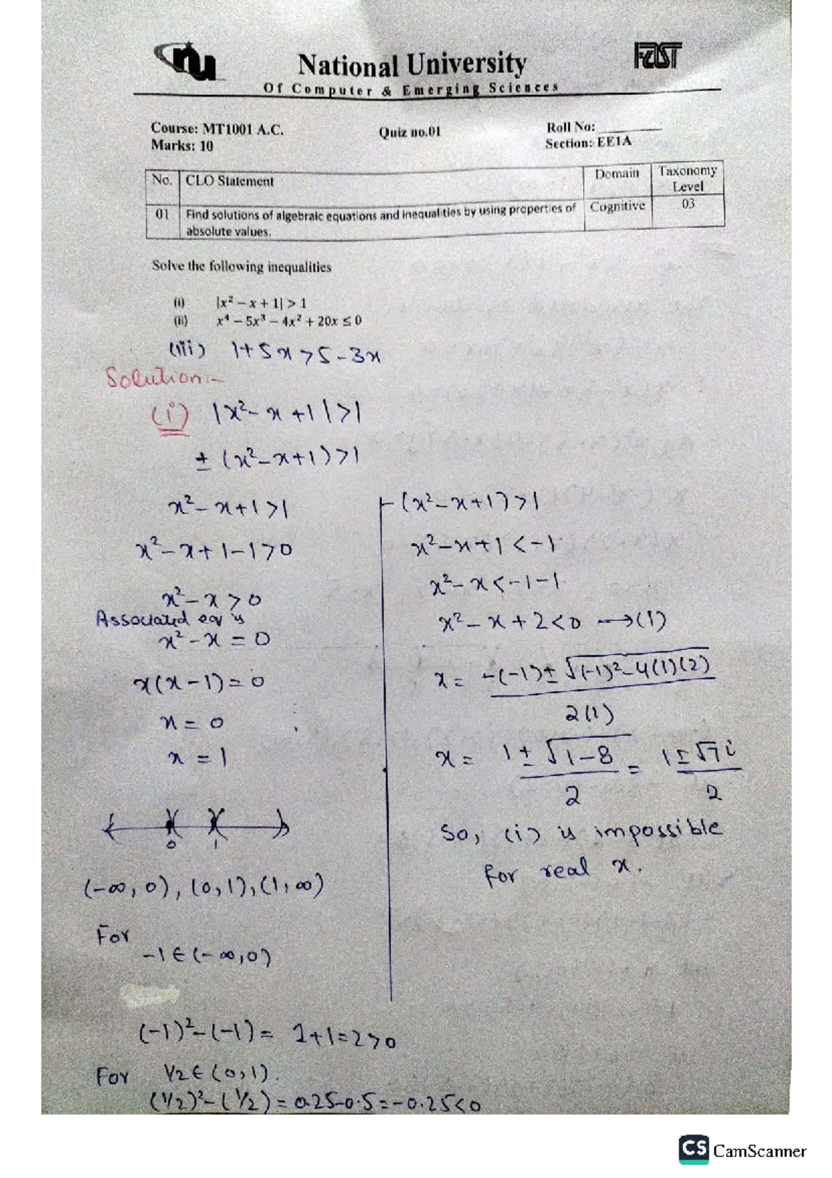 MT1001 A.C. Quiz No. 01 - Algebraic Equations & Inequalities Solutions ...