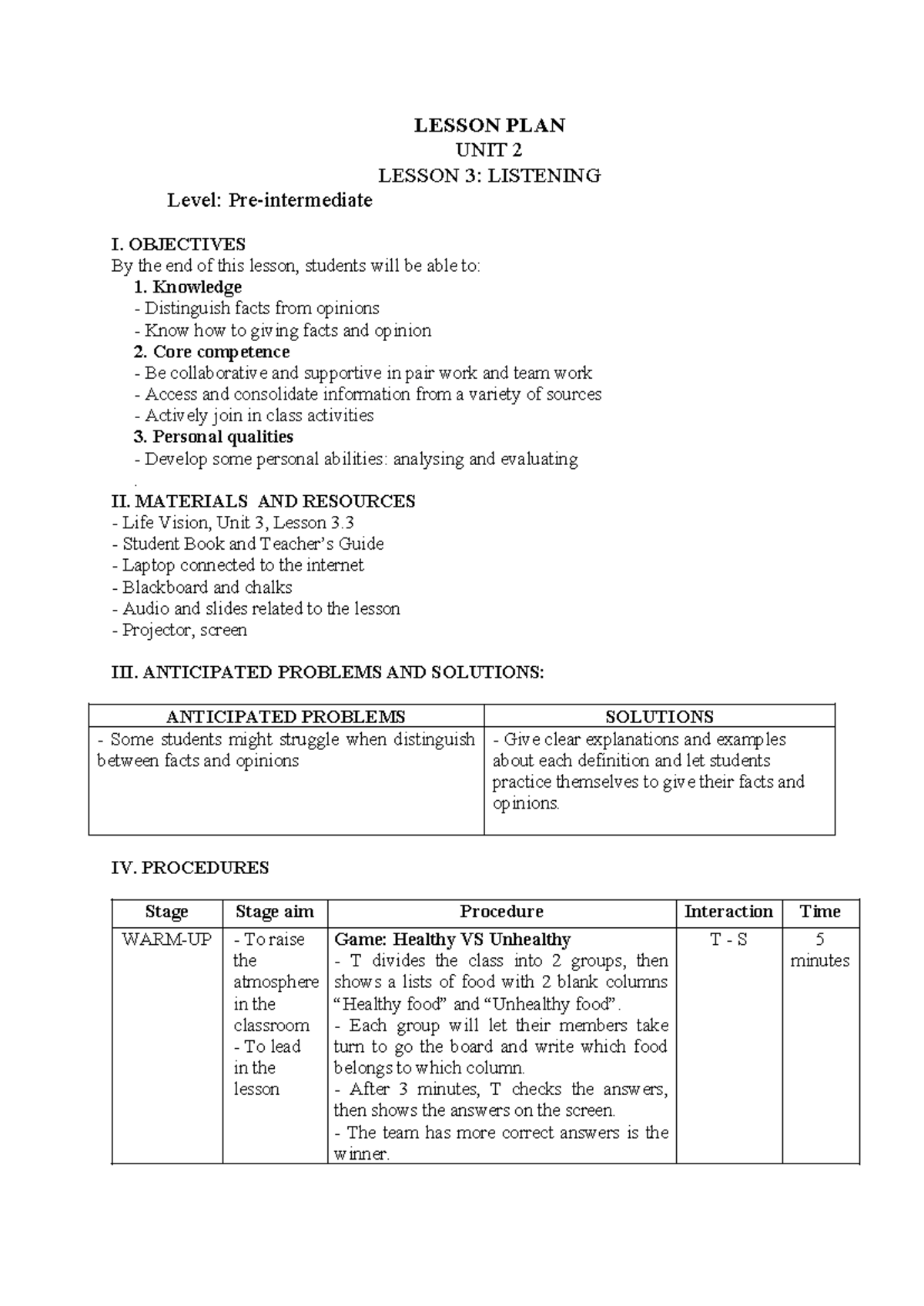 Lesson Plan Unit 3: Listening Skills Development - Studocu