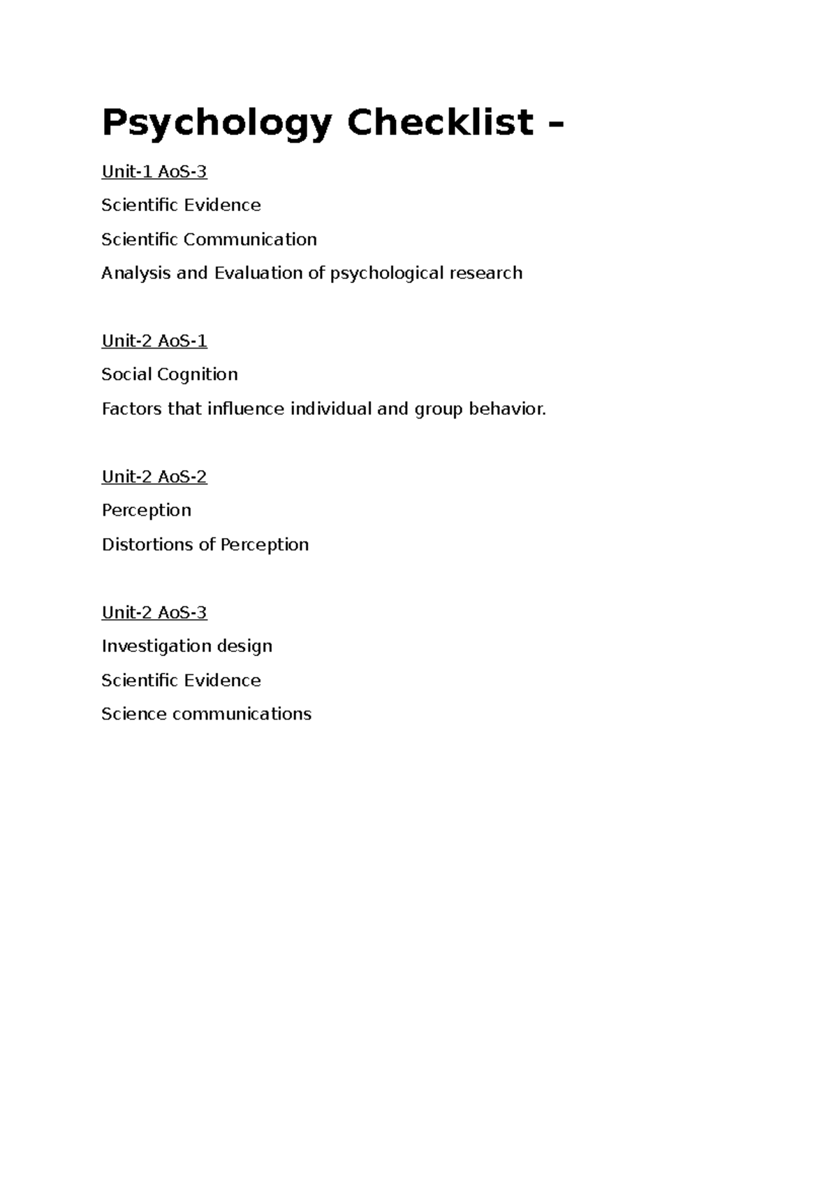Psychology Checklist - no is - Psychology Checklist – Unit-1 AoS ...