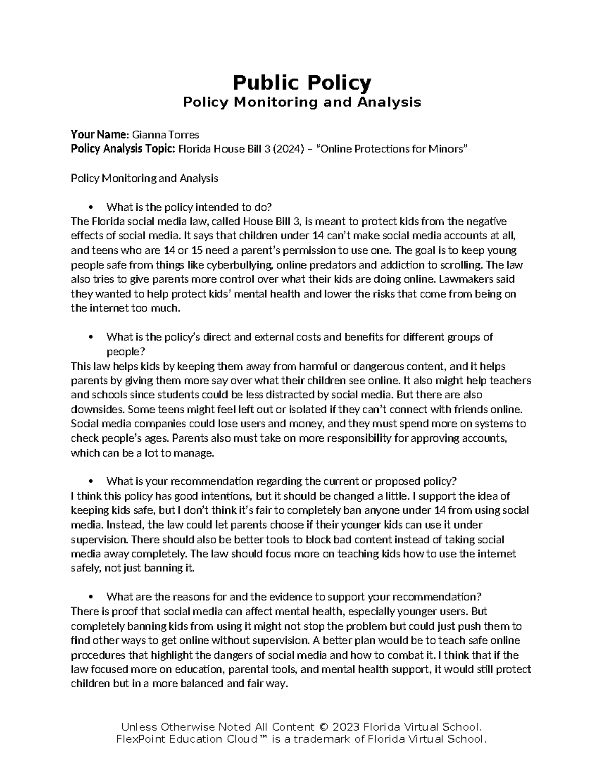 Florida House Bill 3 (2024) Policy Analysis and Recommendations - Studocu