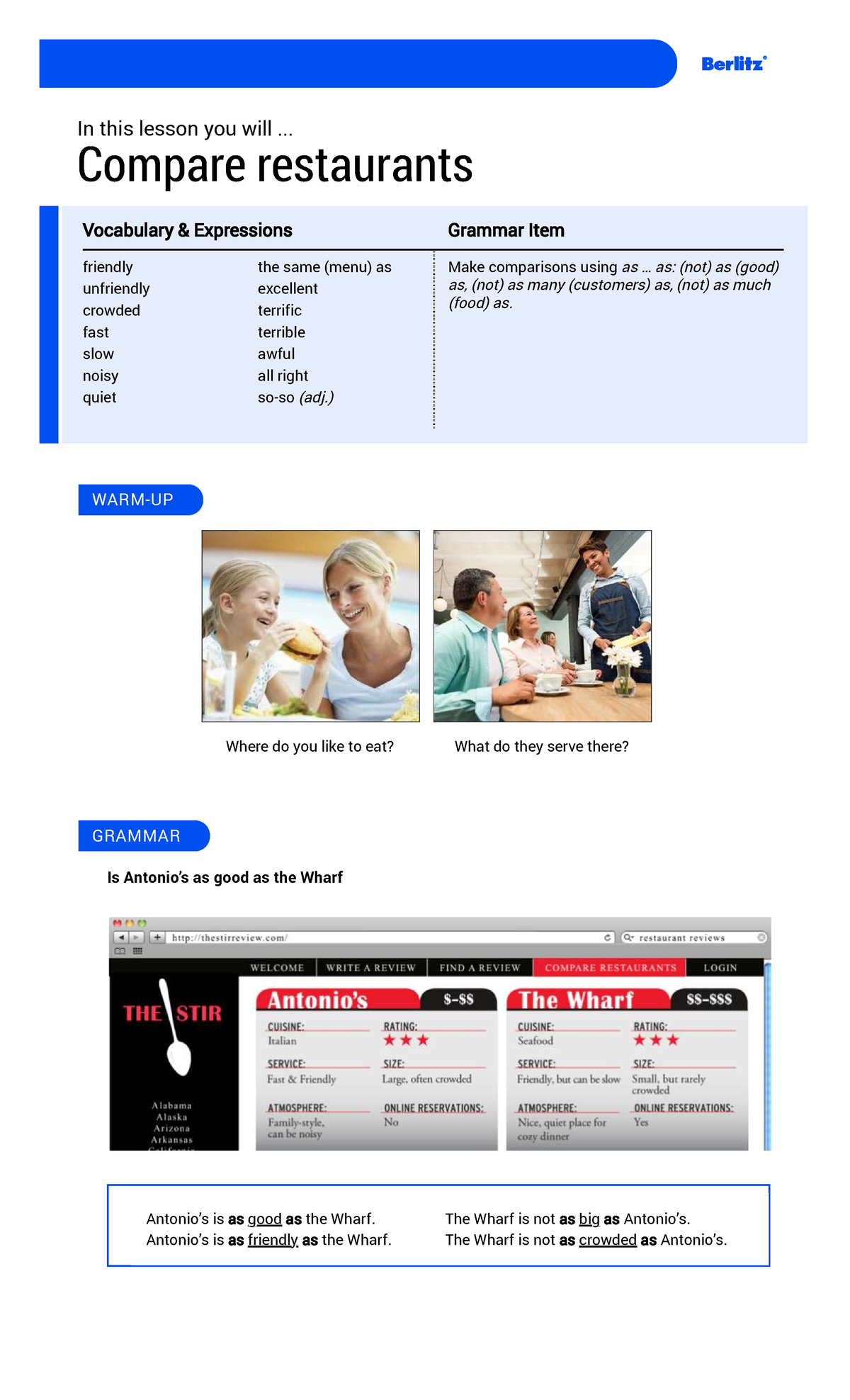 Lesson: Compare Restaurants - Vocabulary & Grammar Guide - Studocu
