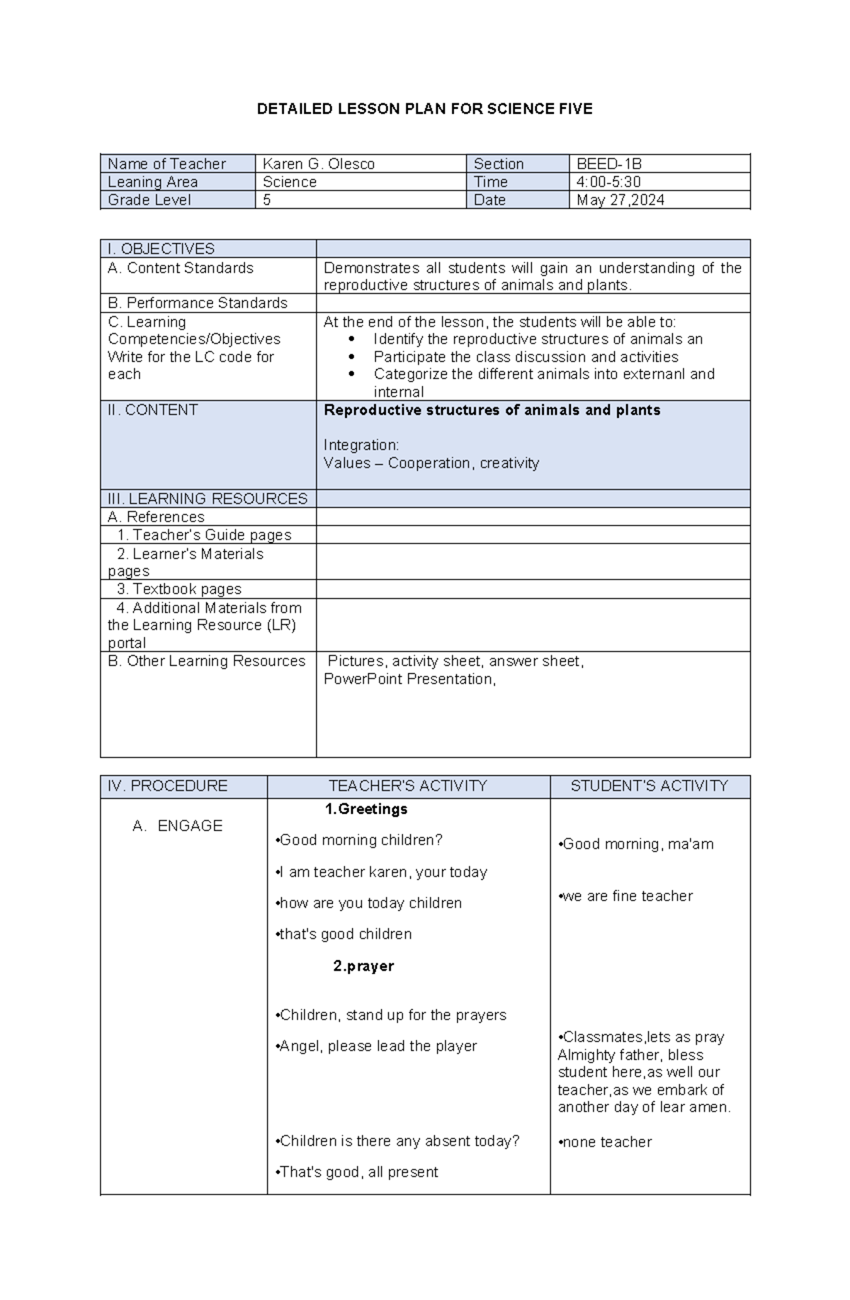 Final Lesson Plan for Science 5 (Grade 5) by Karen G. Olesco - Studocu
