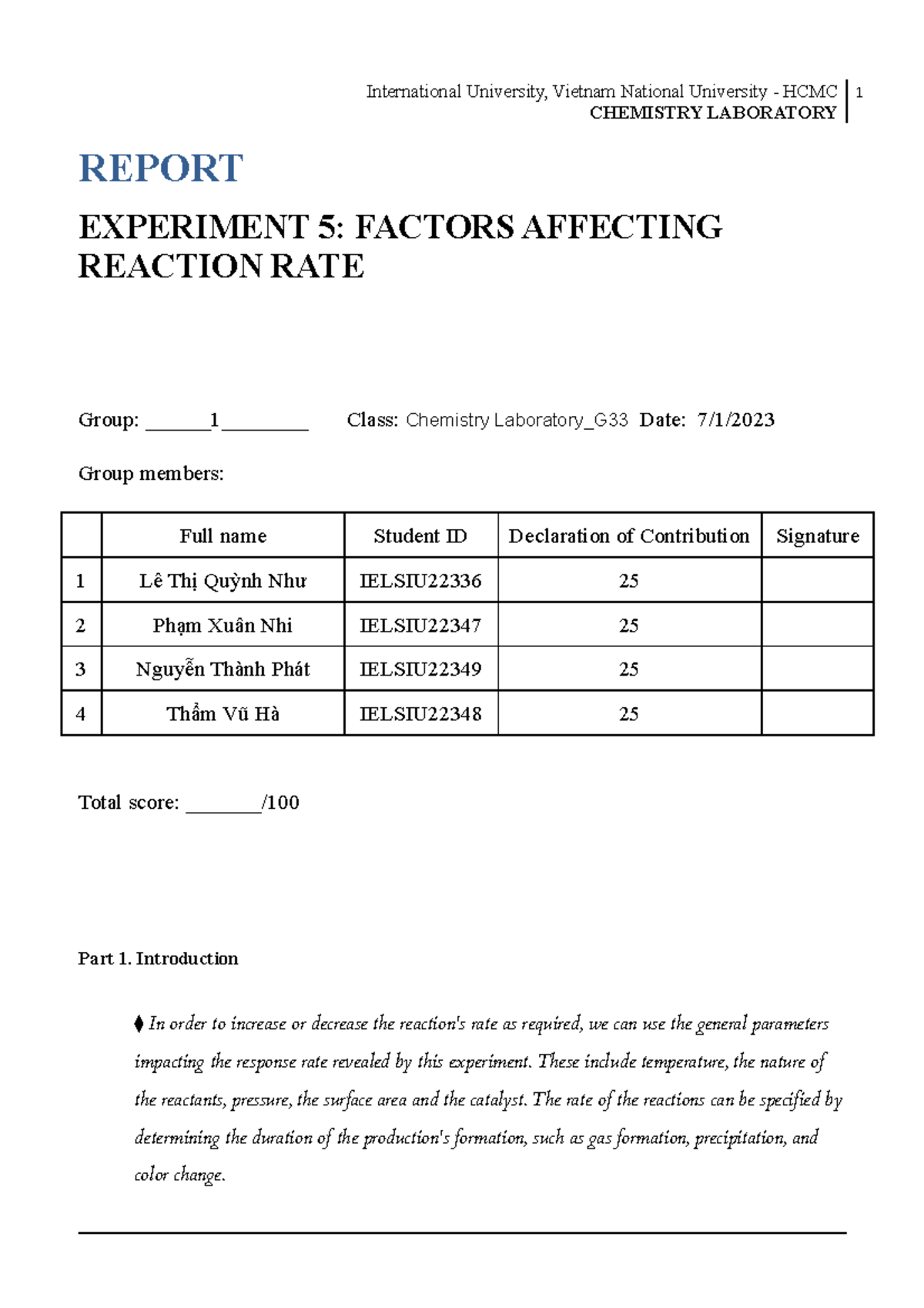 Chemistry Lab Report G33: Factors Influencing Reaction Rates - Studocu