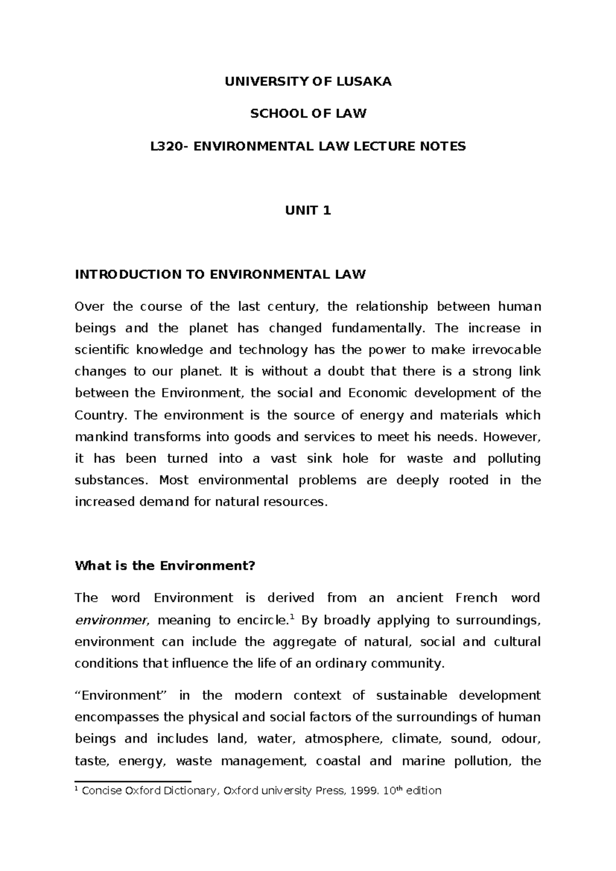 UNILUS LAW 101: Environmental Law Lecture Notes - Unit 1 Overview - Studocu