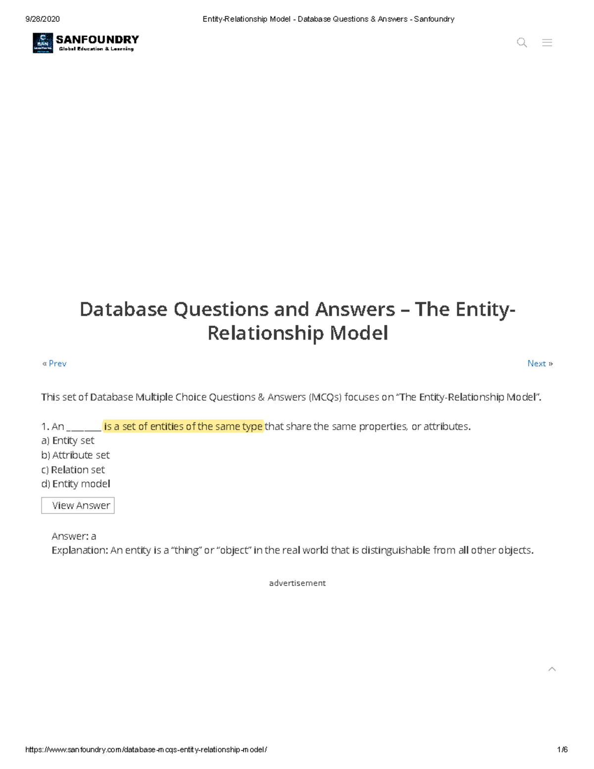 Entity-Relationship Model - Database Questions & Answers - Sanfoundry ...