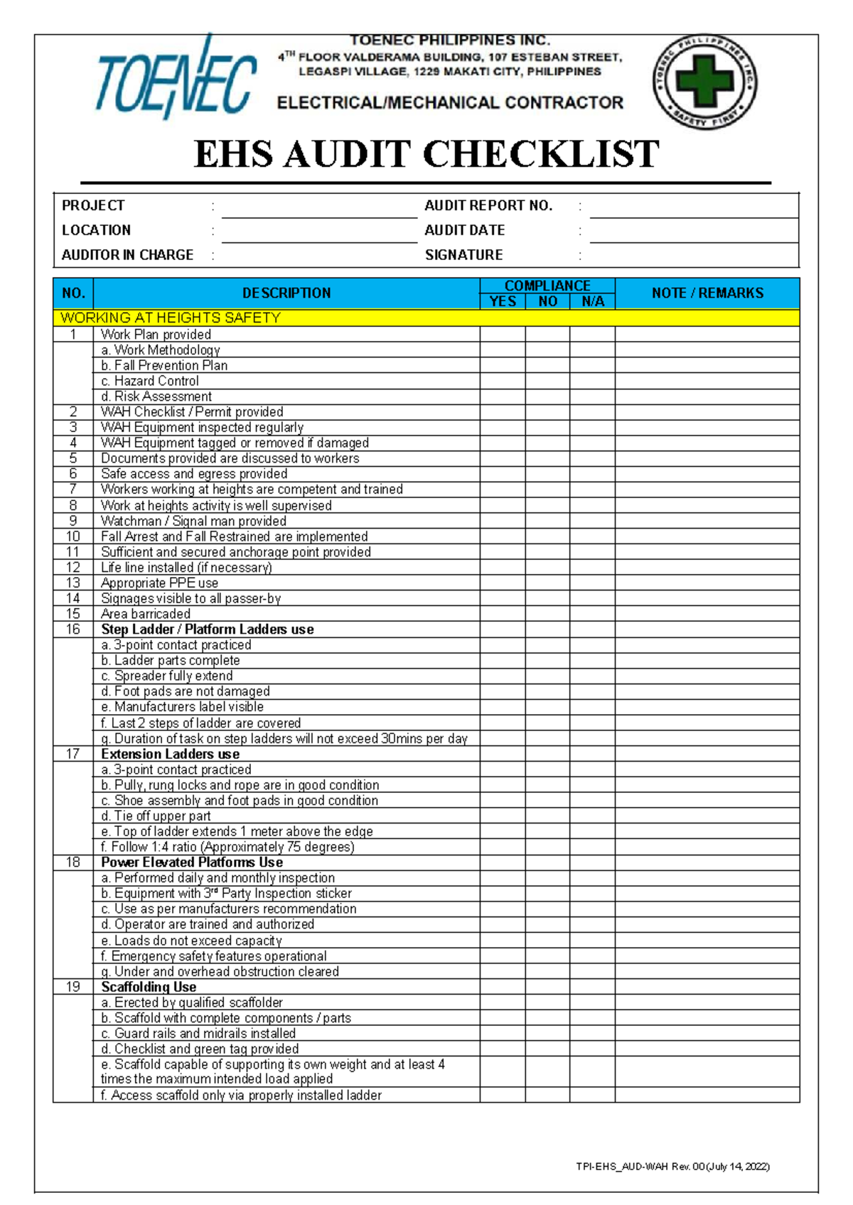 EHS Audit Checklist: Working at Heights - TPI-EHS-AUD 010 - Studocu