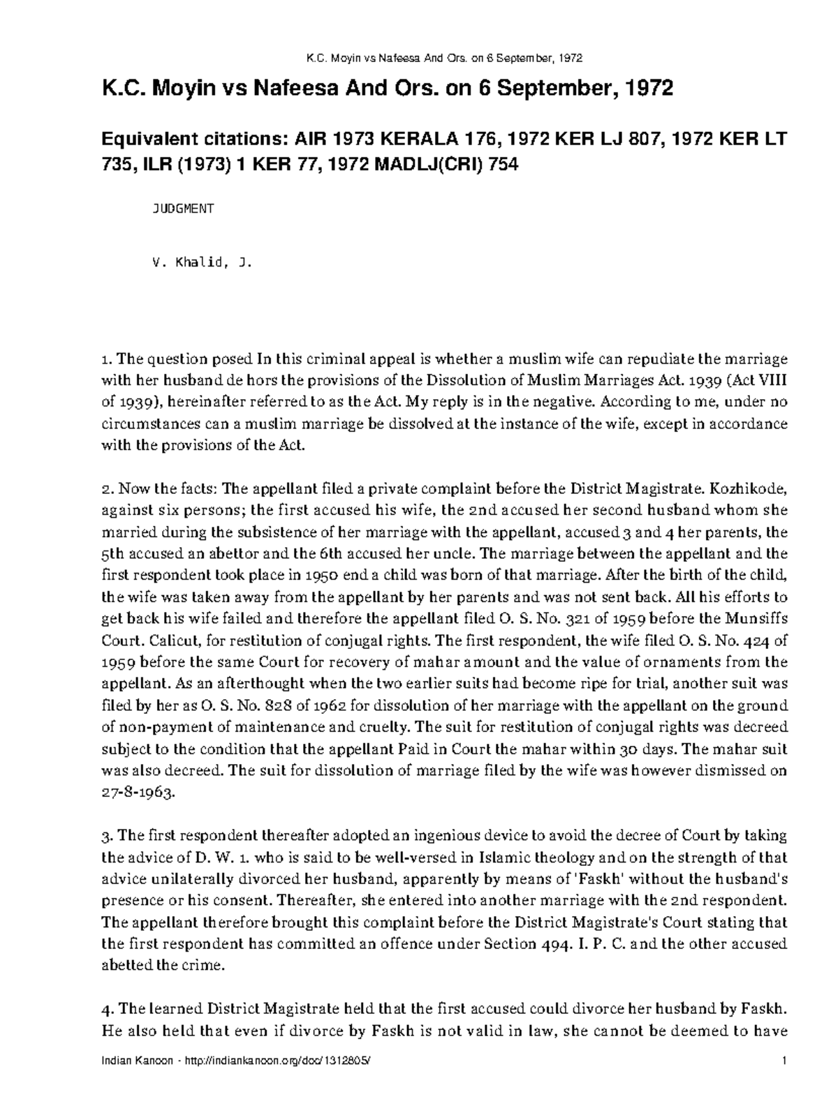 K.C. Moyin vs Nafeesa & Ors: Legal Analysis of Marriage Dissolution ...