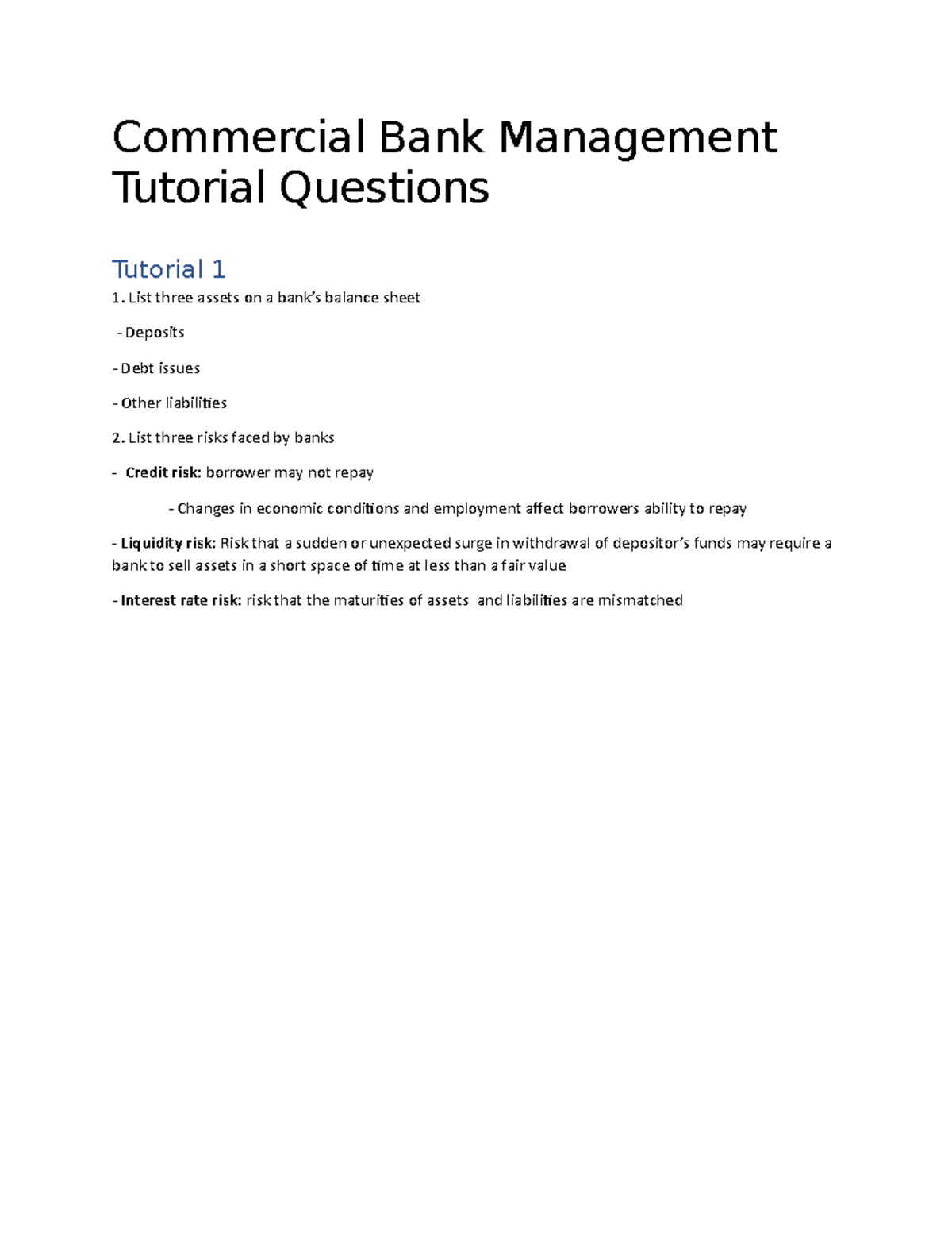 Commercial Bank Management Tutorial Questions - Commercial Bank ...