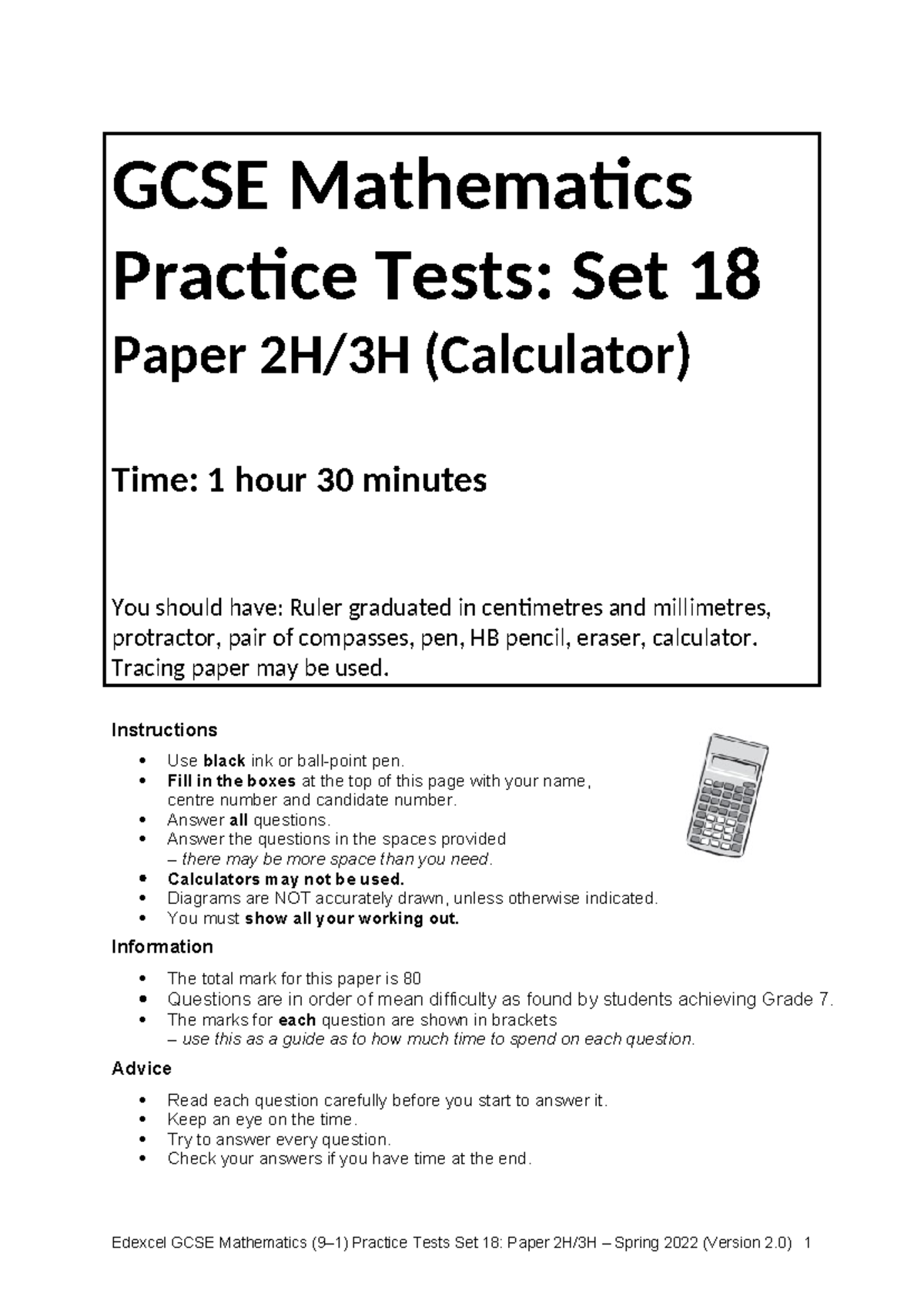 Edexcel GCSE Maths Practice Tests: Set 18 Paper (Calculator) - Studocu