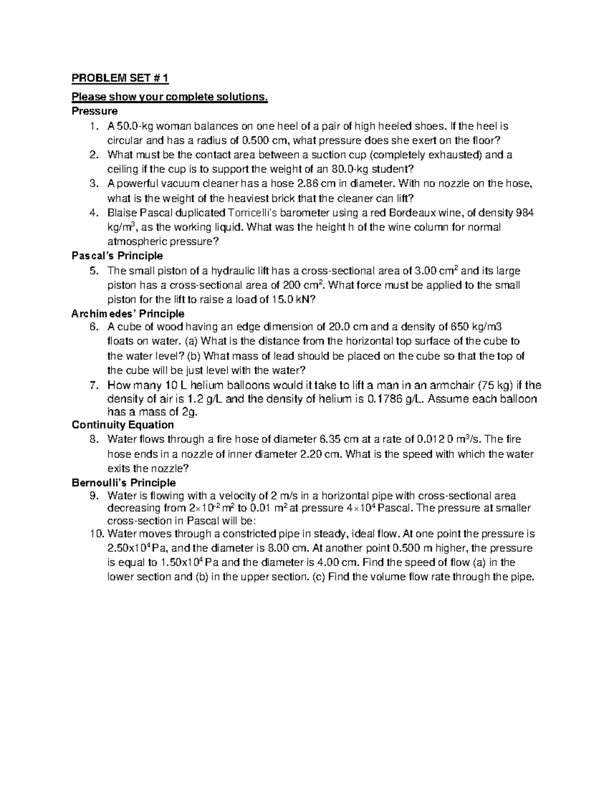 PSet1: Complete Solutions for Pressure Problems - Studocu